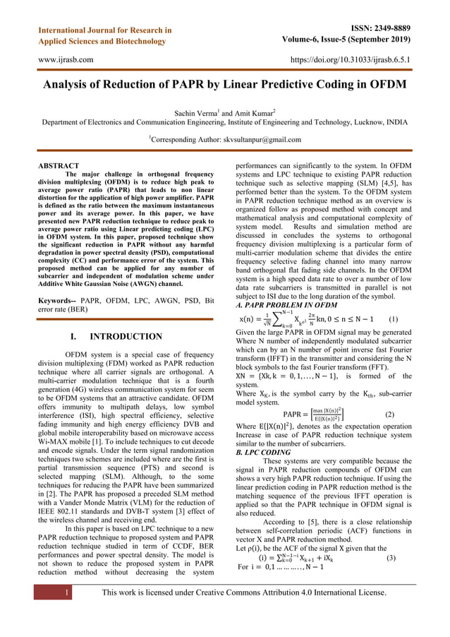 Analysis of Reduction of PAPR by Linear Predictive Coding in OFDM | PDF