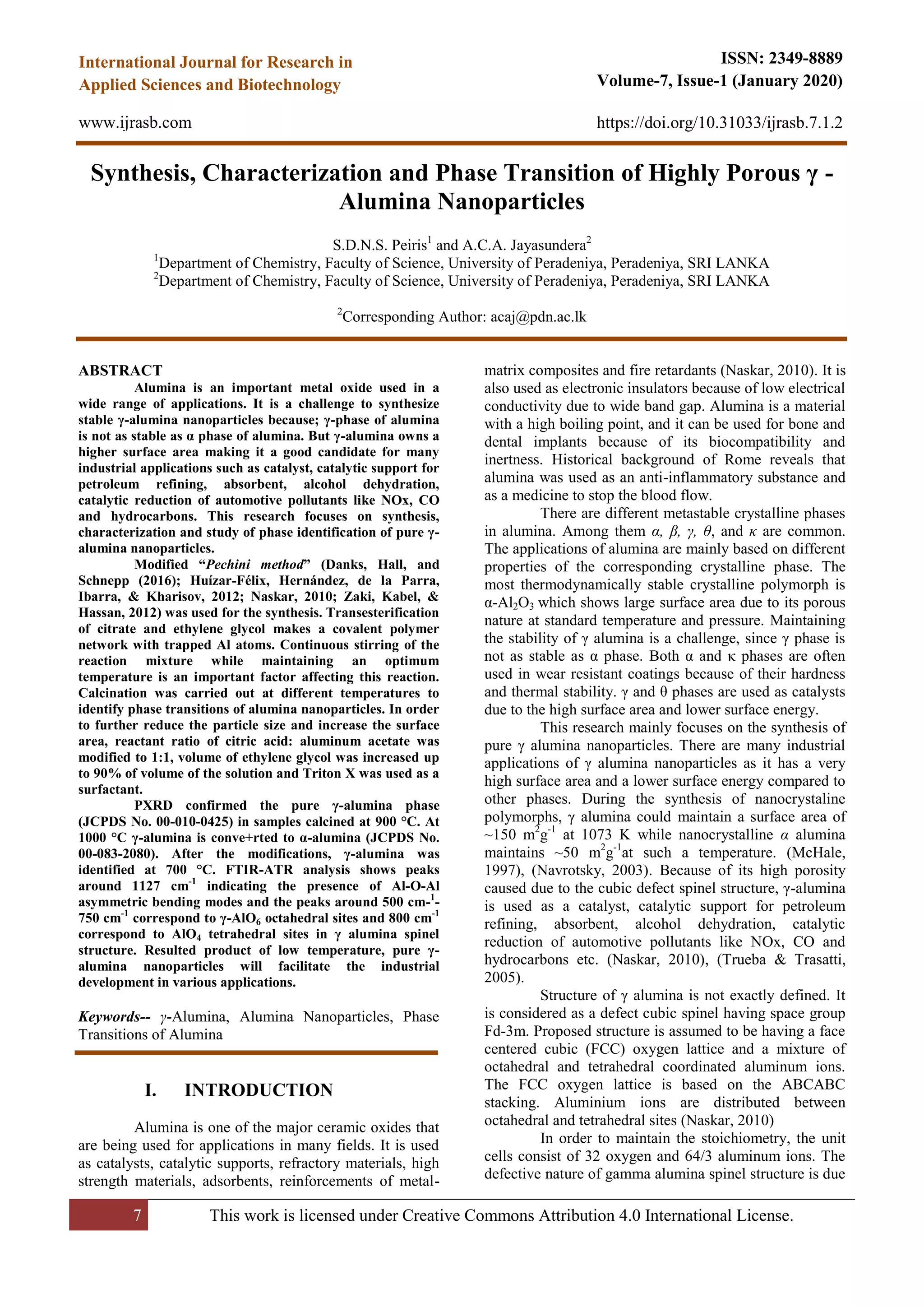 Synthesis, Characterization and Phase Transition of Highly Porous γ - Alumina Nanoparticles ...