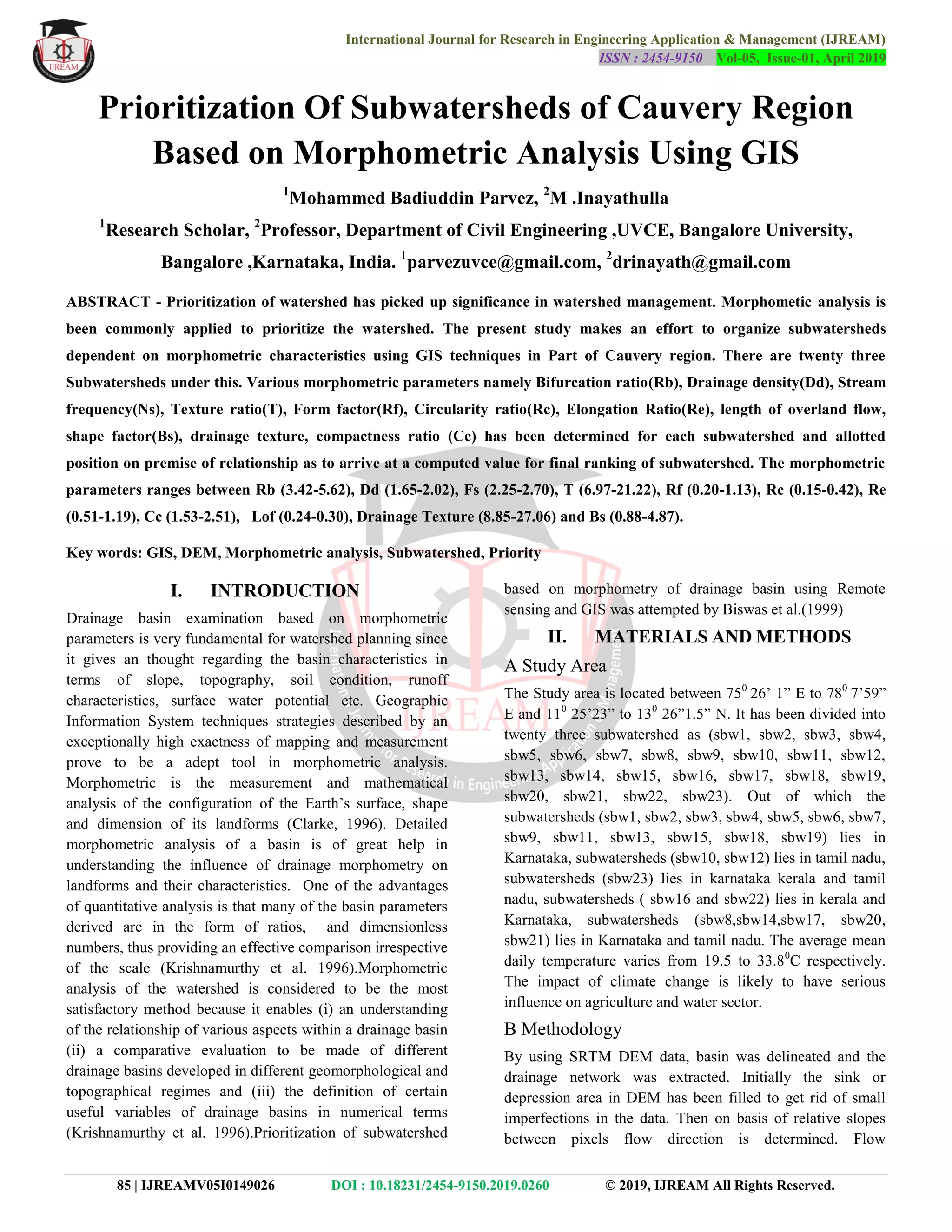Prioritization Of Subwatersheds of Cauvery Region Based on Morphometric ...