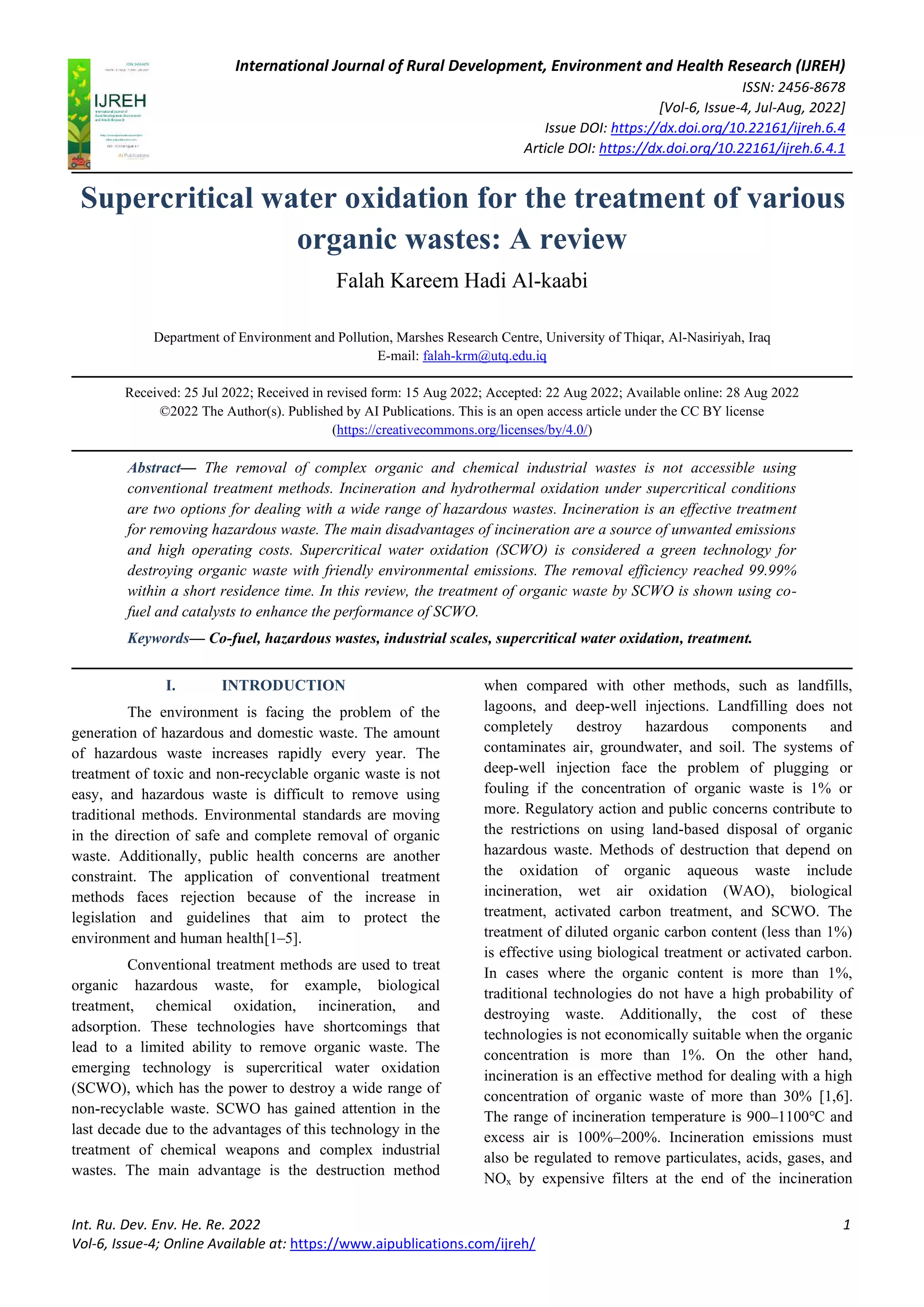 Supercritical water oxidation for the treatment of various organic ...
