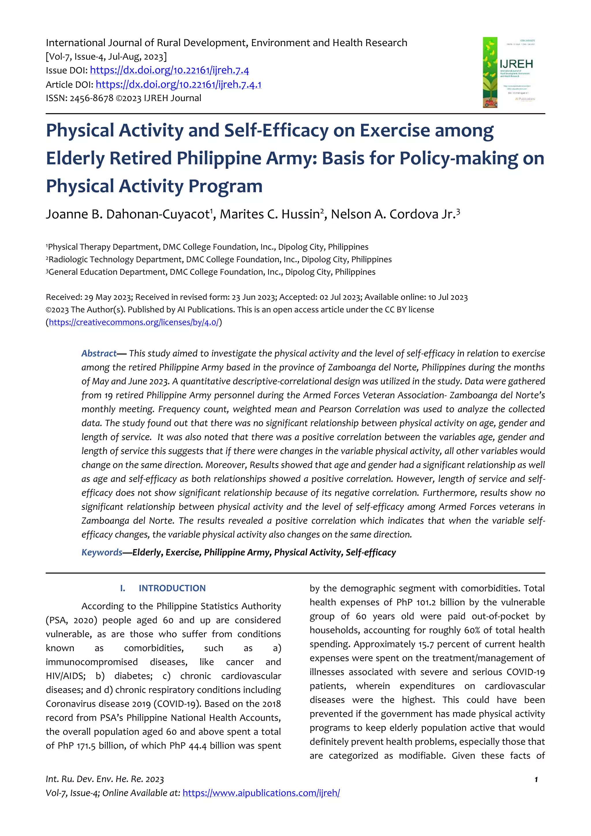 Physical Activity and Self-Efficacy on Exercise among Elderly Retired Philippine Army: Basis for ...