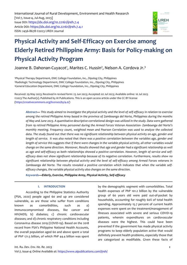 Physical Activity and Self-Efficacy on Exercise among Elderly Retired ...