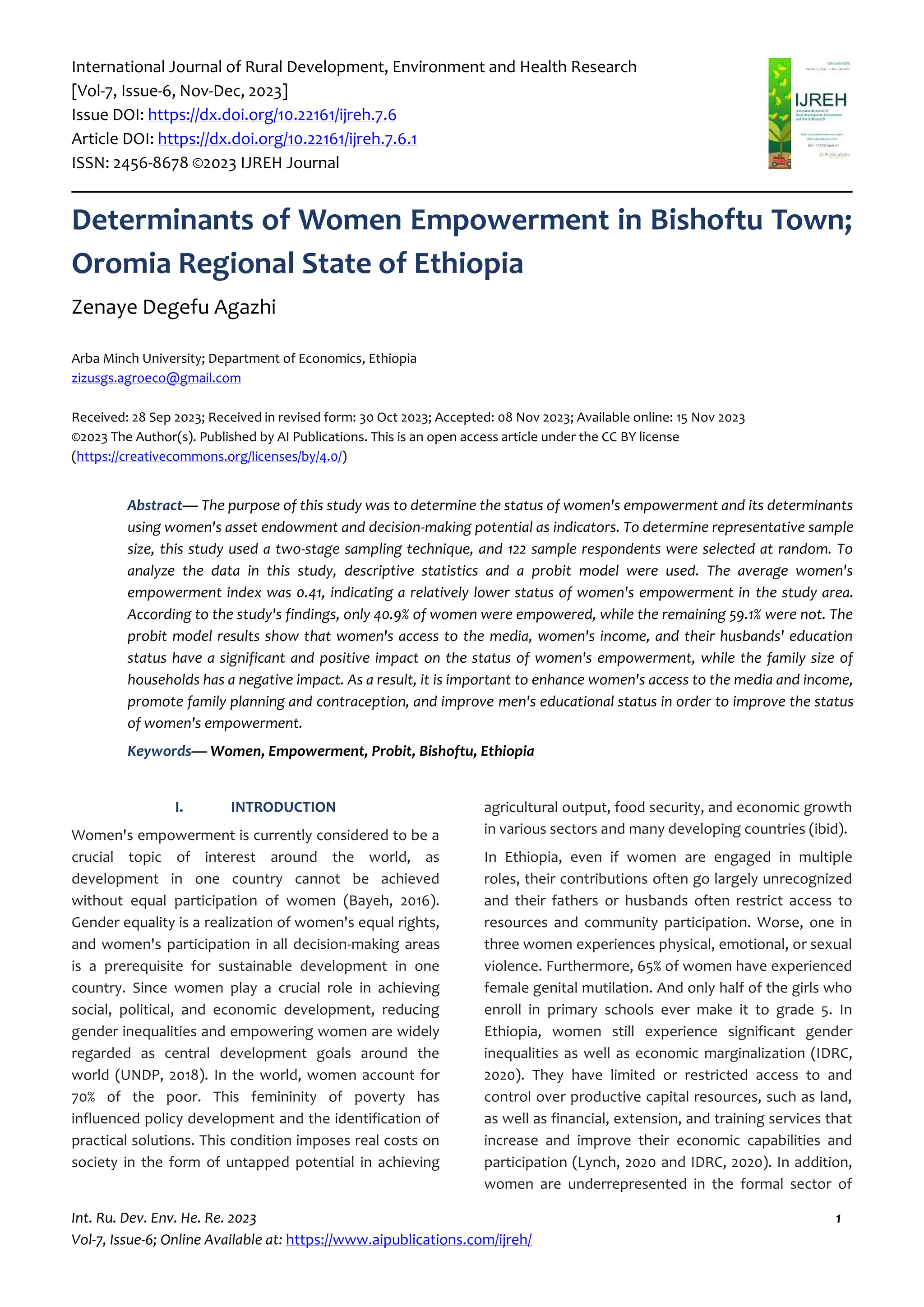 Determinants of Women Empowerment in Bishoftu Town; Oromia Regional ...