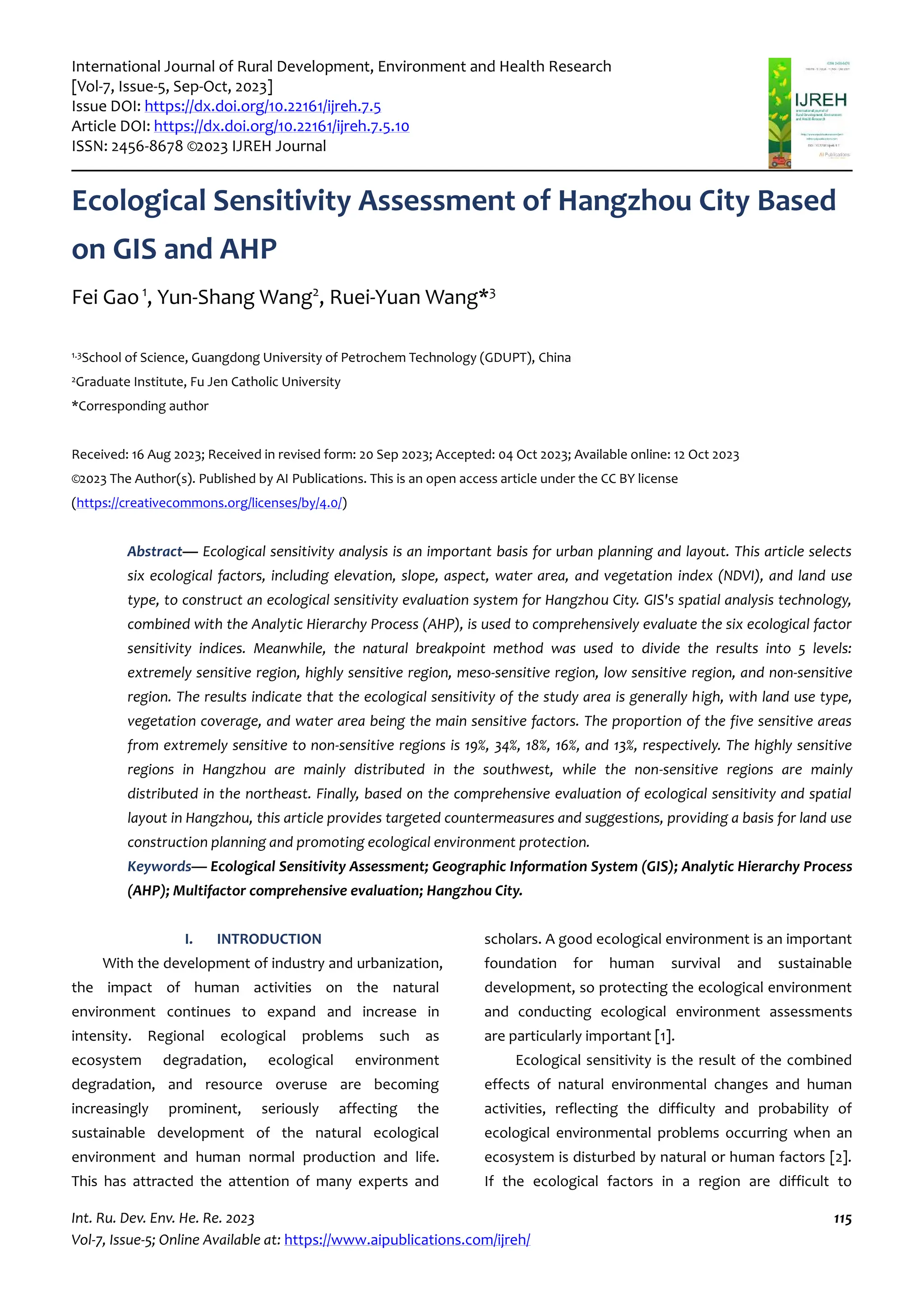 Ecological Sensitivity Assessment of Hangzhou City Based on GIS and AHP ...