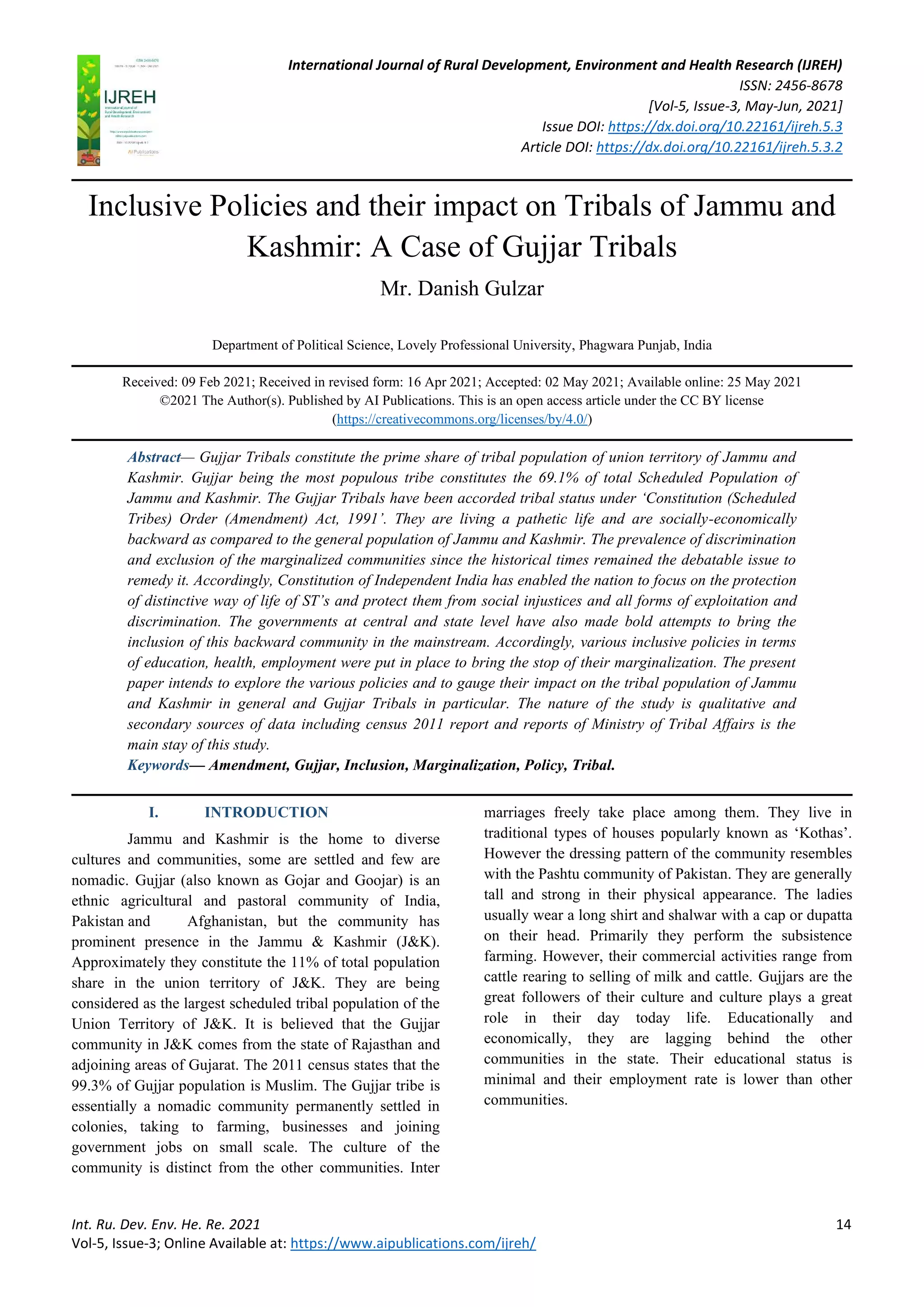 Inclusive Policies and their impact on Tribals of Jammu and Kashmir: A ...