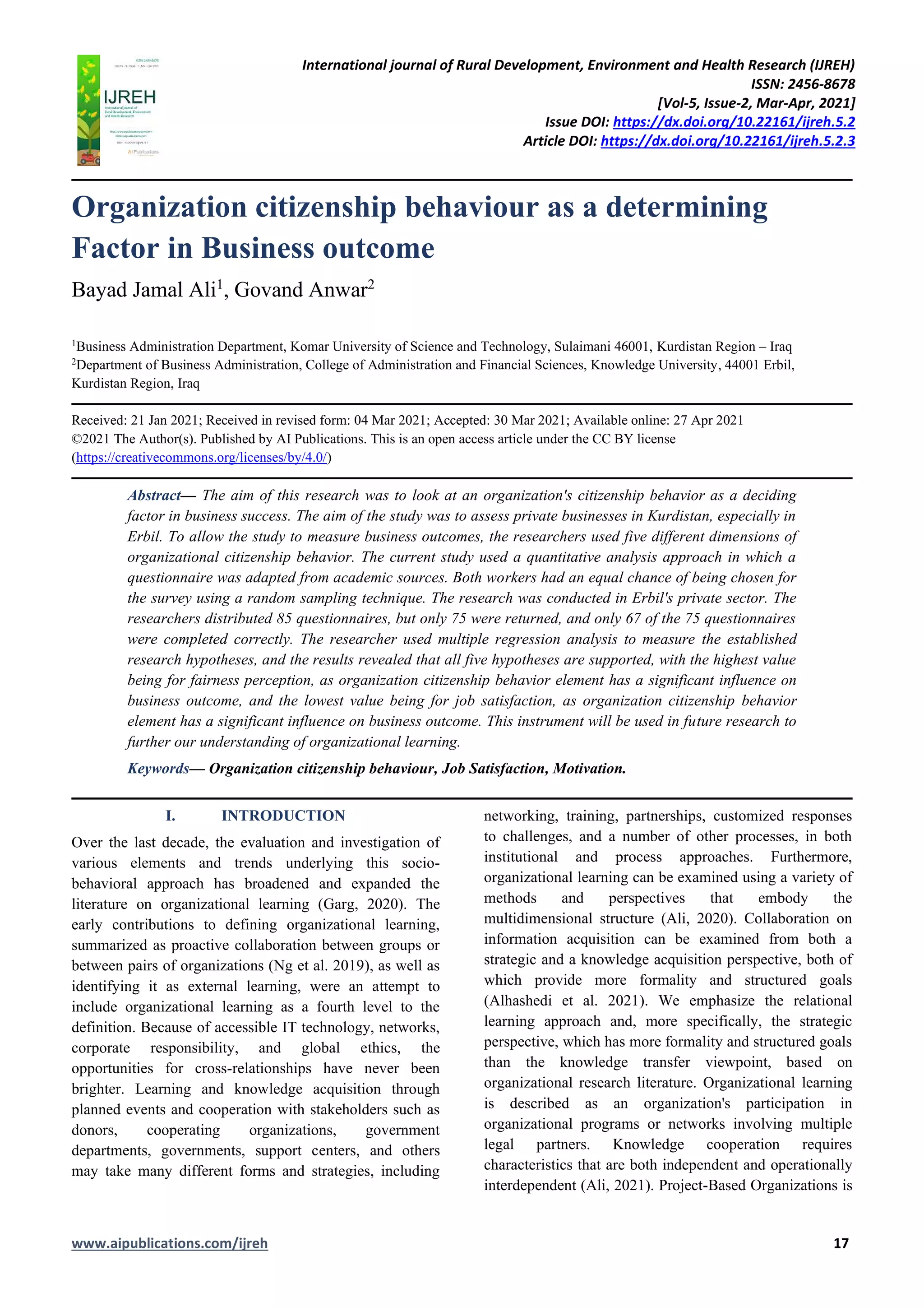 Organization citizenship behaviour as a determining Factor in Business outcome | PDF