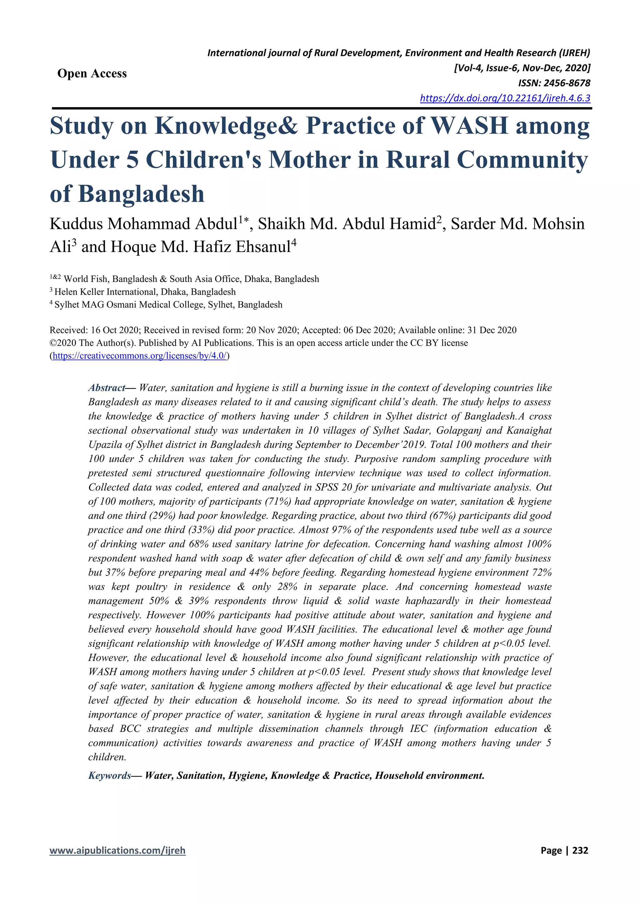 Study on Knowledge& Practice of WASH among Under 5 Children's Mother in ...