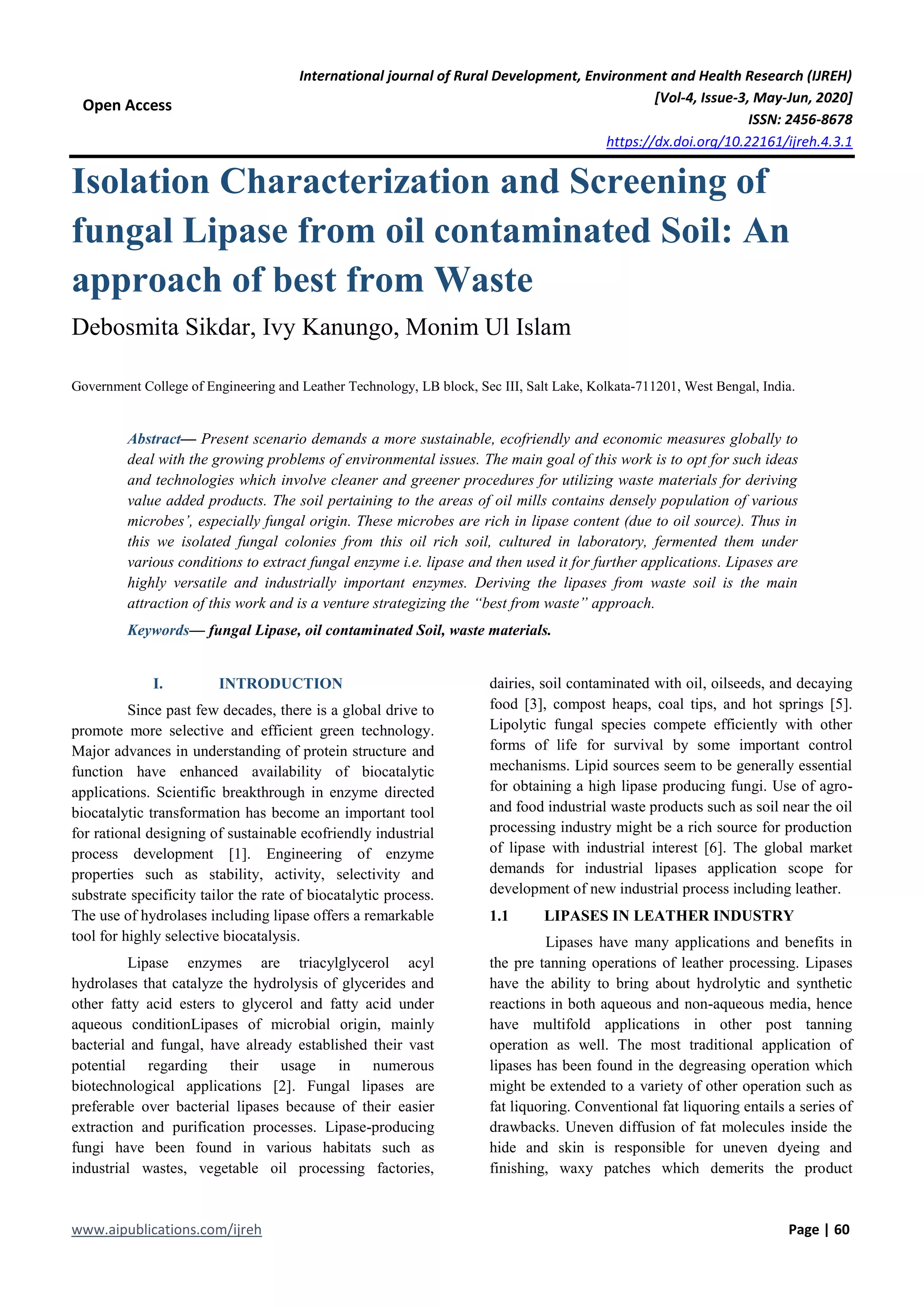 Isolation Characterization and Screening of fungal Lipase from oil ...