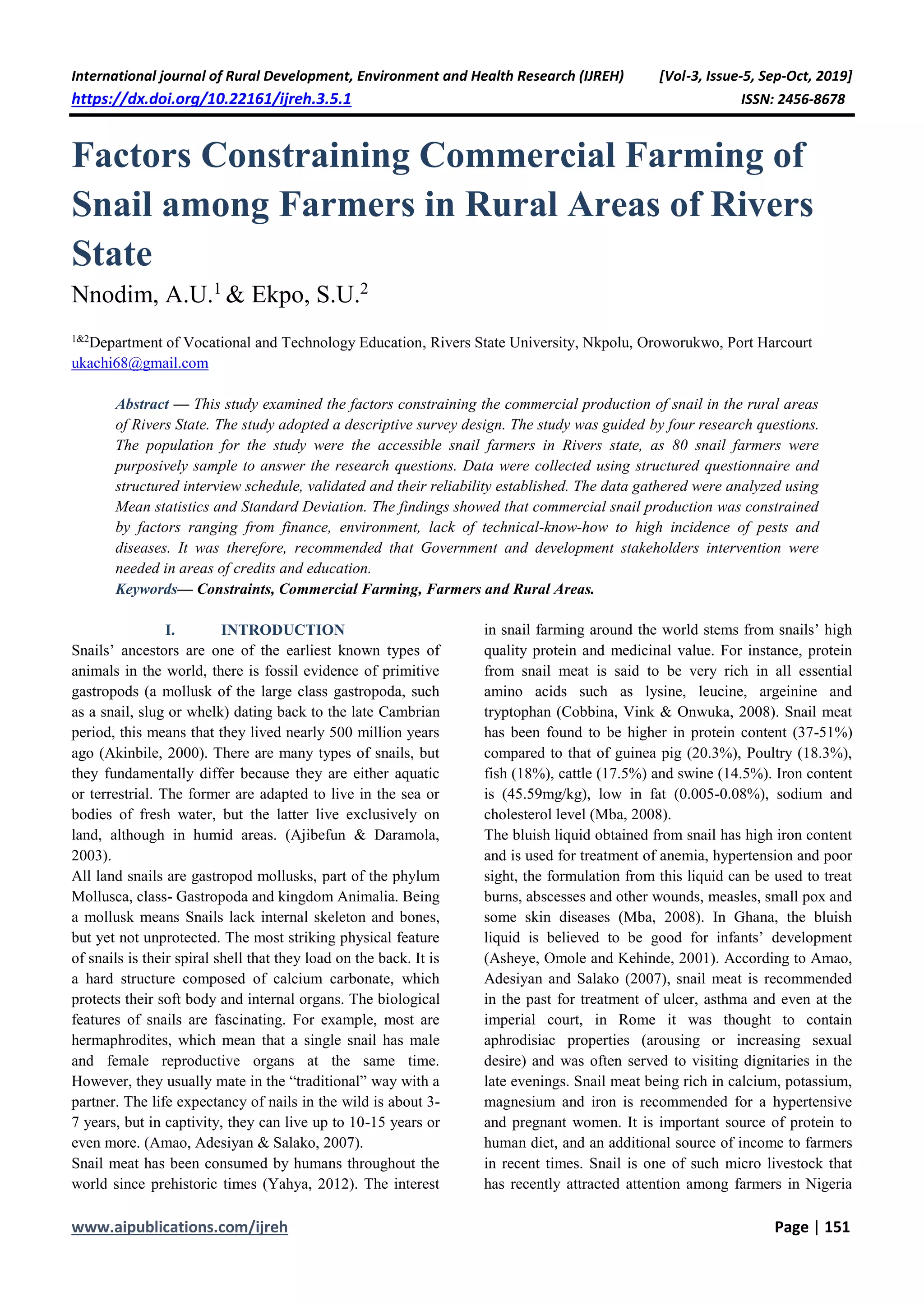 Factors Constraining Commercial Farming of Snail among Farmers in Rural ...