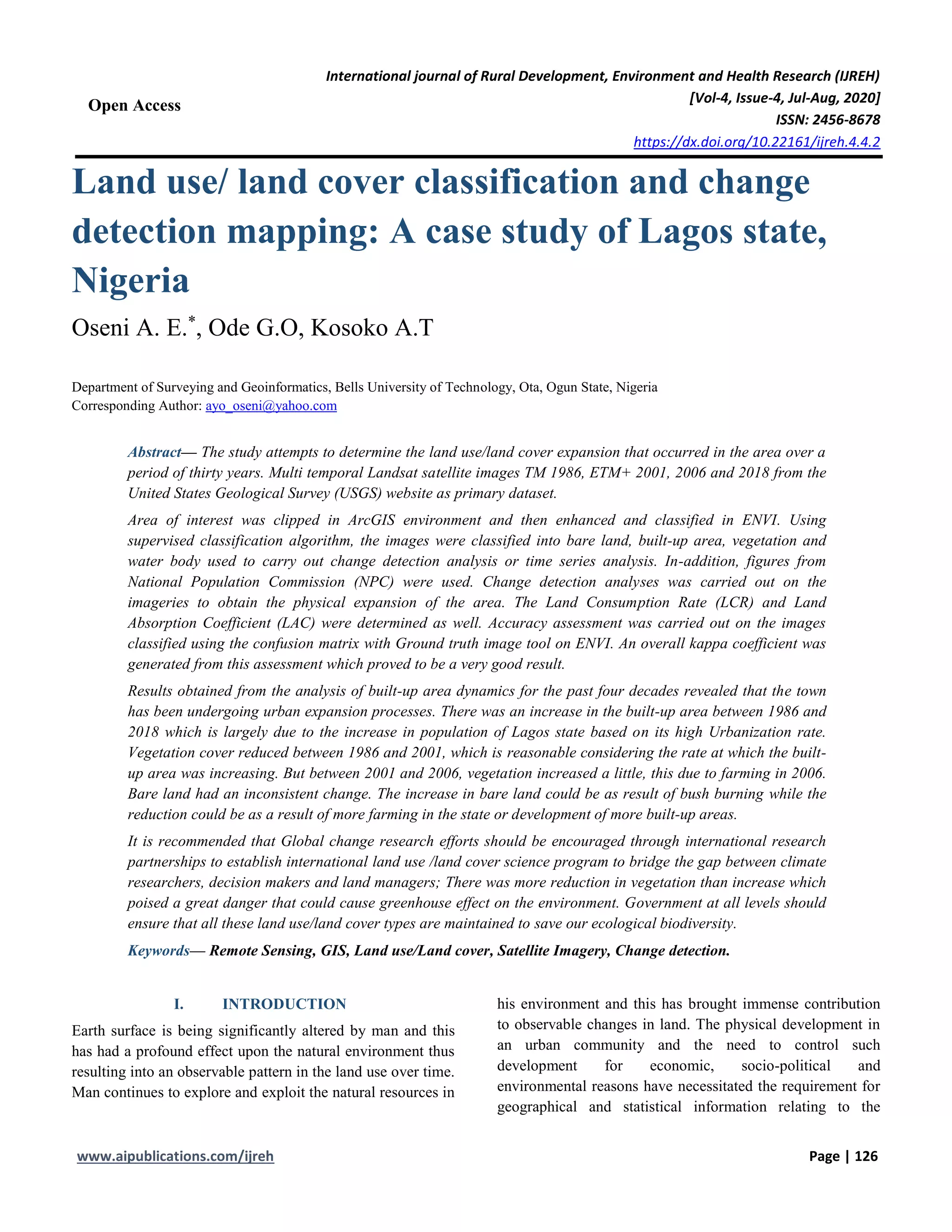 Land use/ land cover classification and change detection mapping: A ...