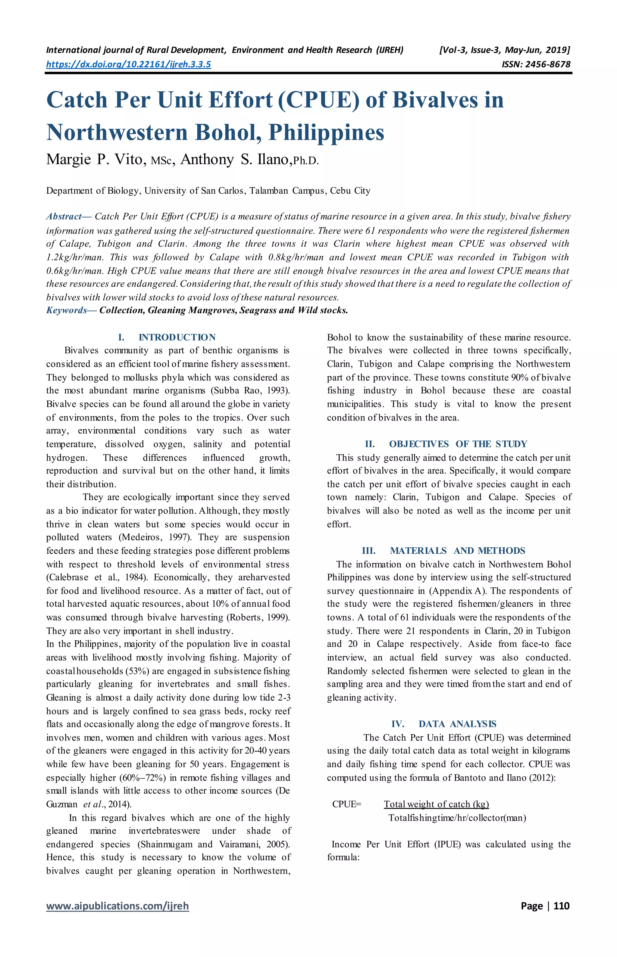 Catch Per Unit Effort (CPUE) of Bivalves in Northwestern Bohol ...