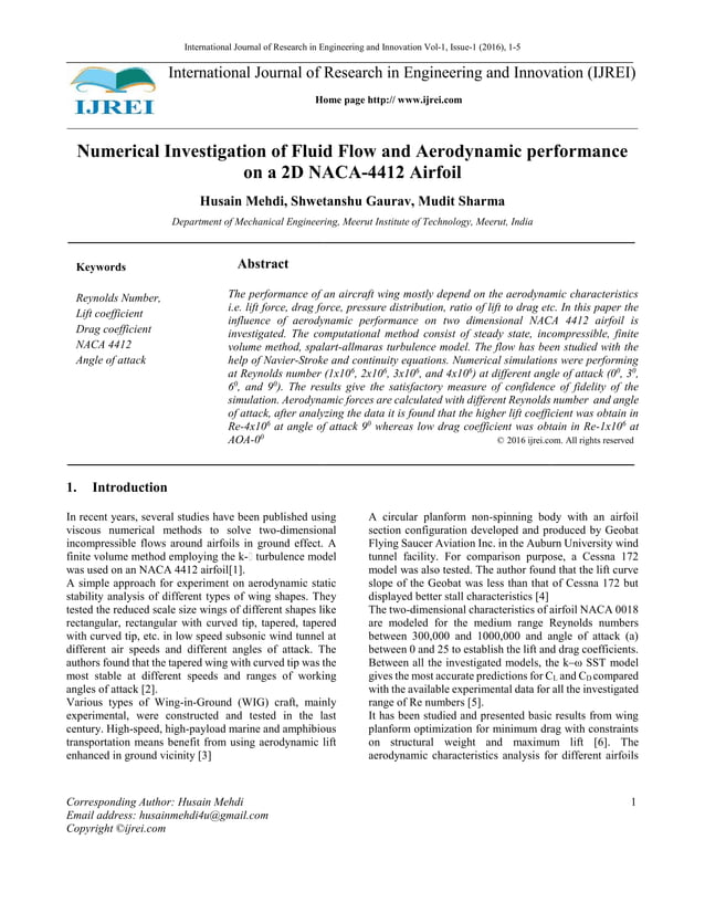 IJREI- Numerical Investigation of Fluid Flow and Aerodynamic performance on a 2D NACA-4412 ...