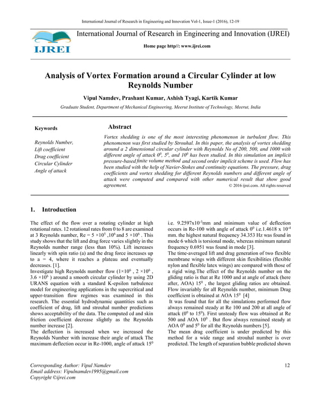 IJREI- Analysis of Vortex Formation around a Circular Cylinder at low Reynolds Number | PDF
