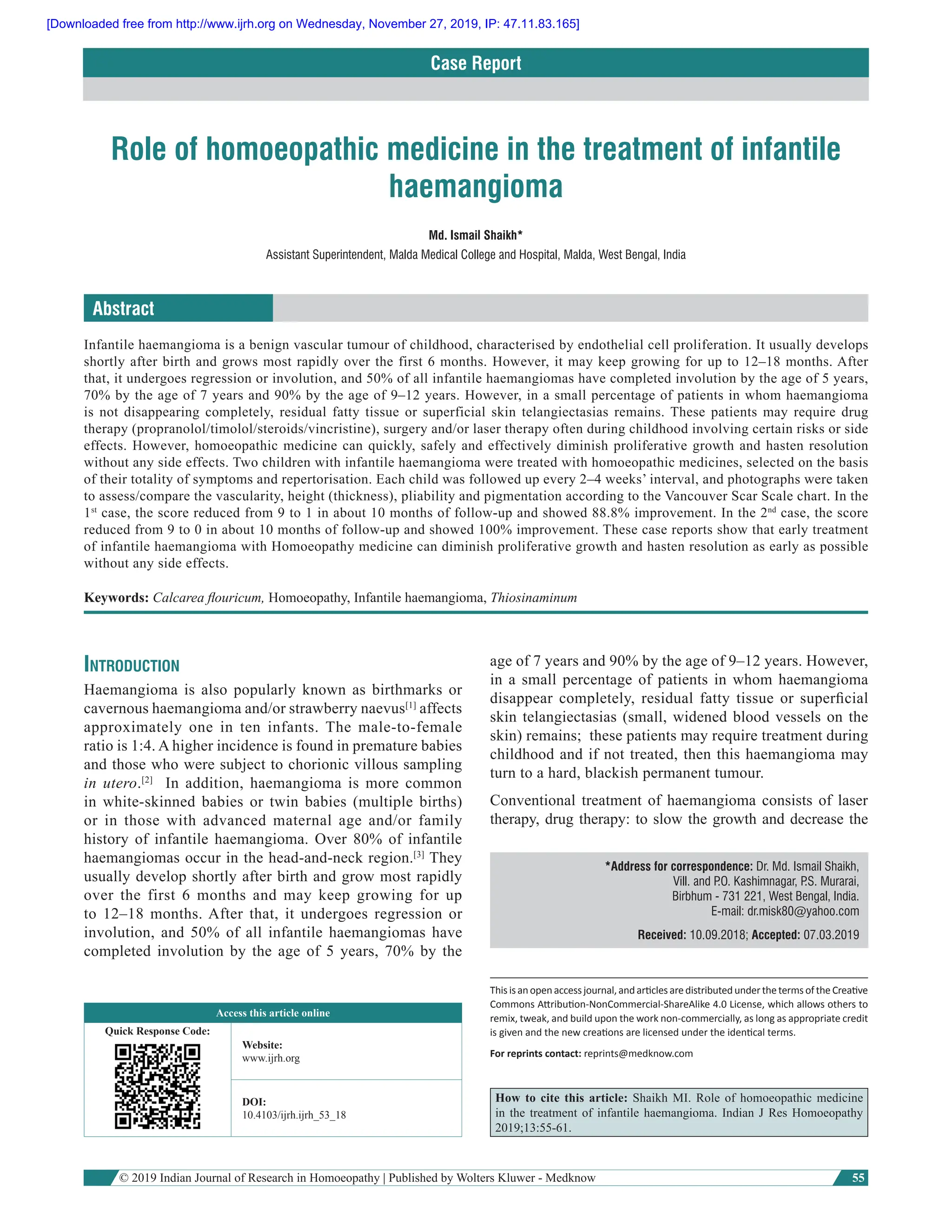 Role of Homeopathic Medicine in the Treatment of Infantile Hemangioma | PDF