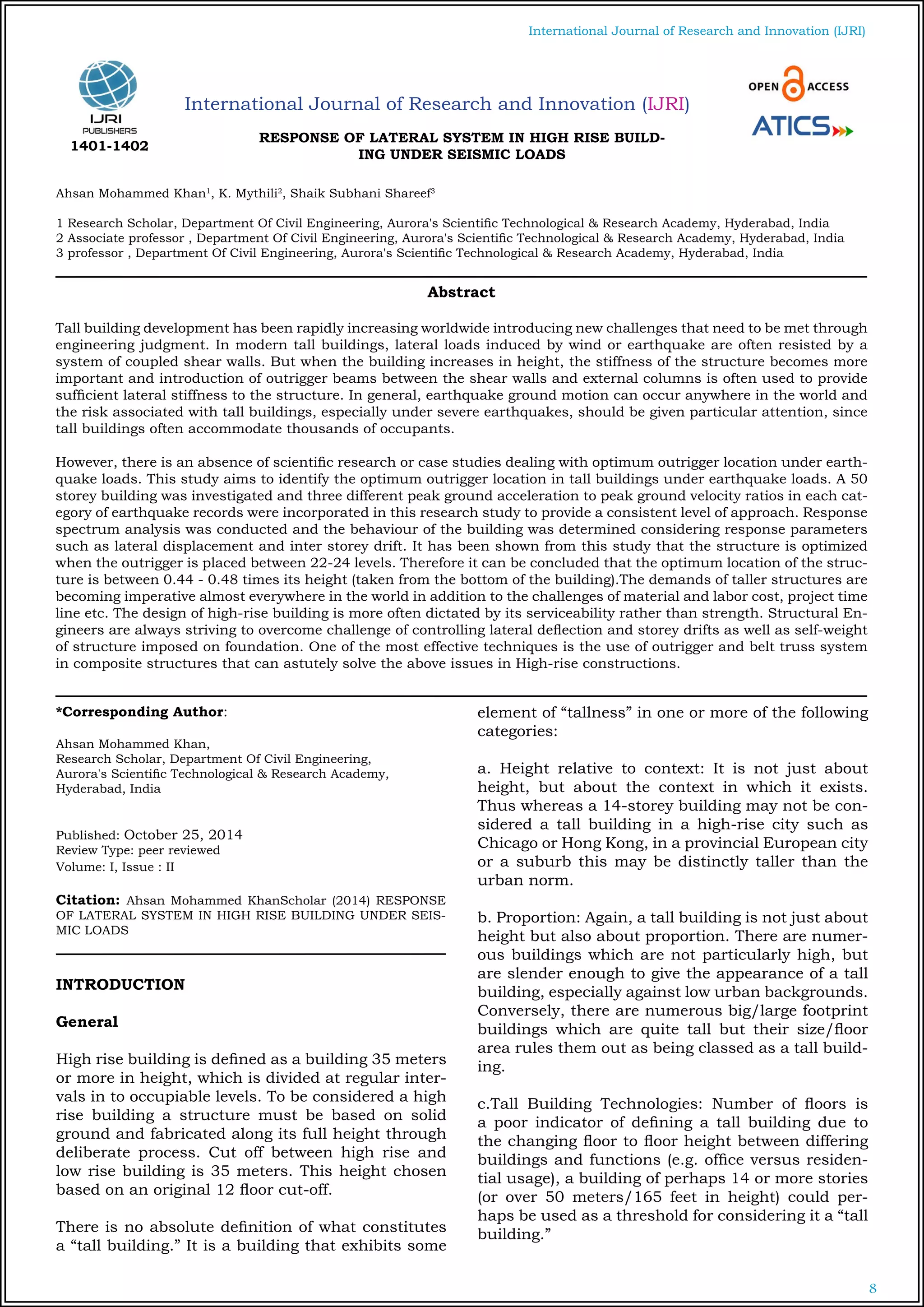 RESPONSE OF LATERAL SYSTEM IN HIGH RISE BUILDING UNDER SEISMIC LOADS | PDF