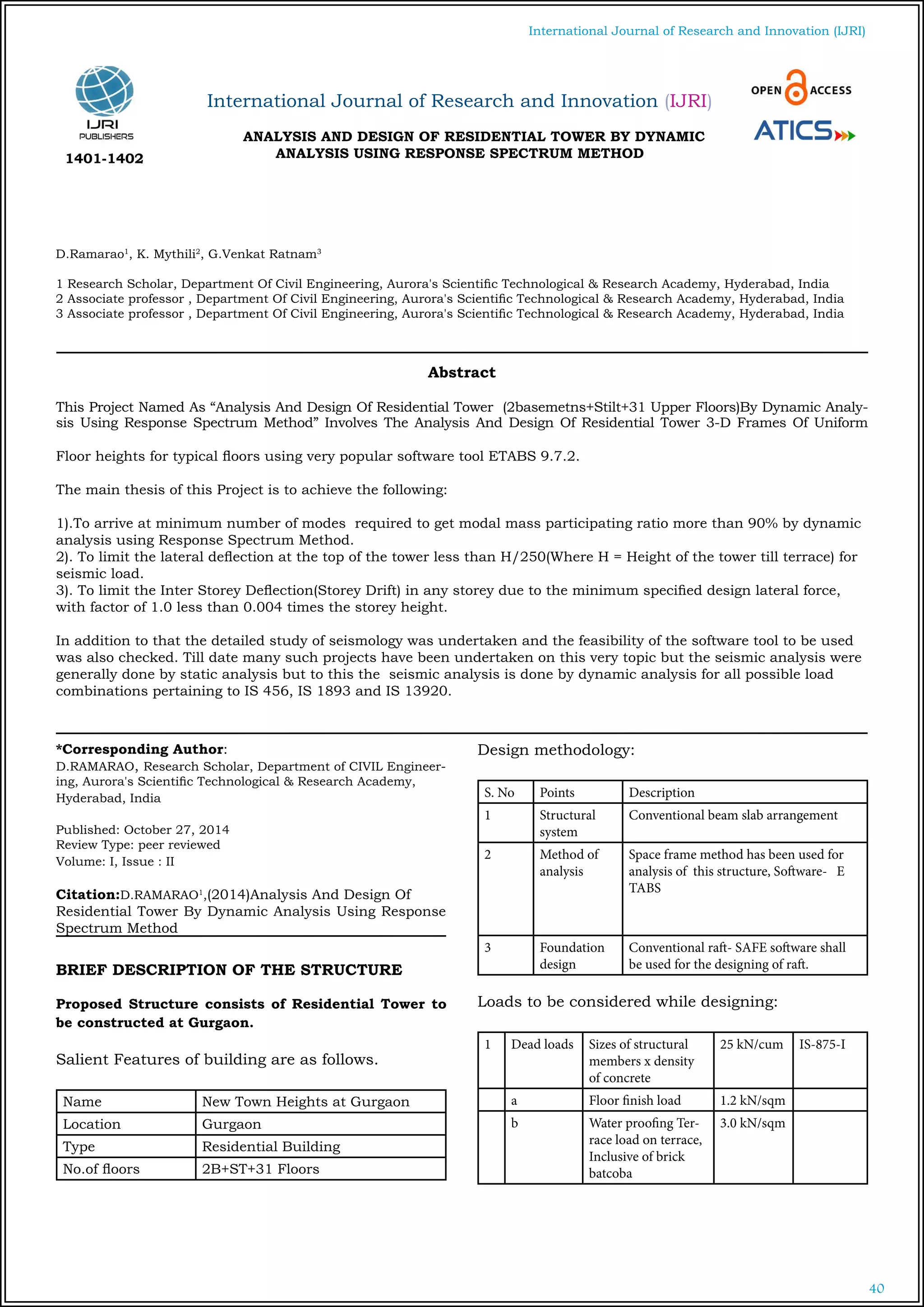 ANALYSIS AND DESIGN OF RESIDENTIAL TOWER BY DYNAMIC ANALYSIS USING ...
