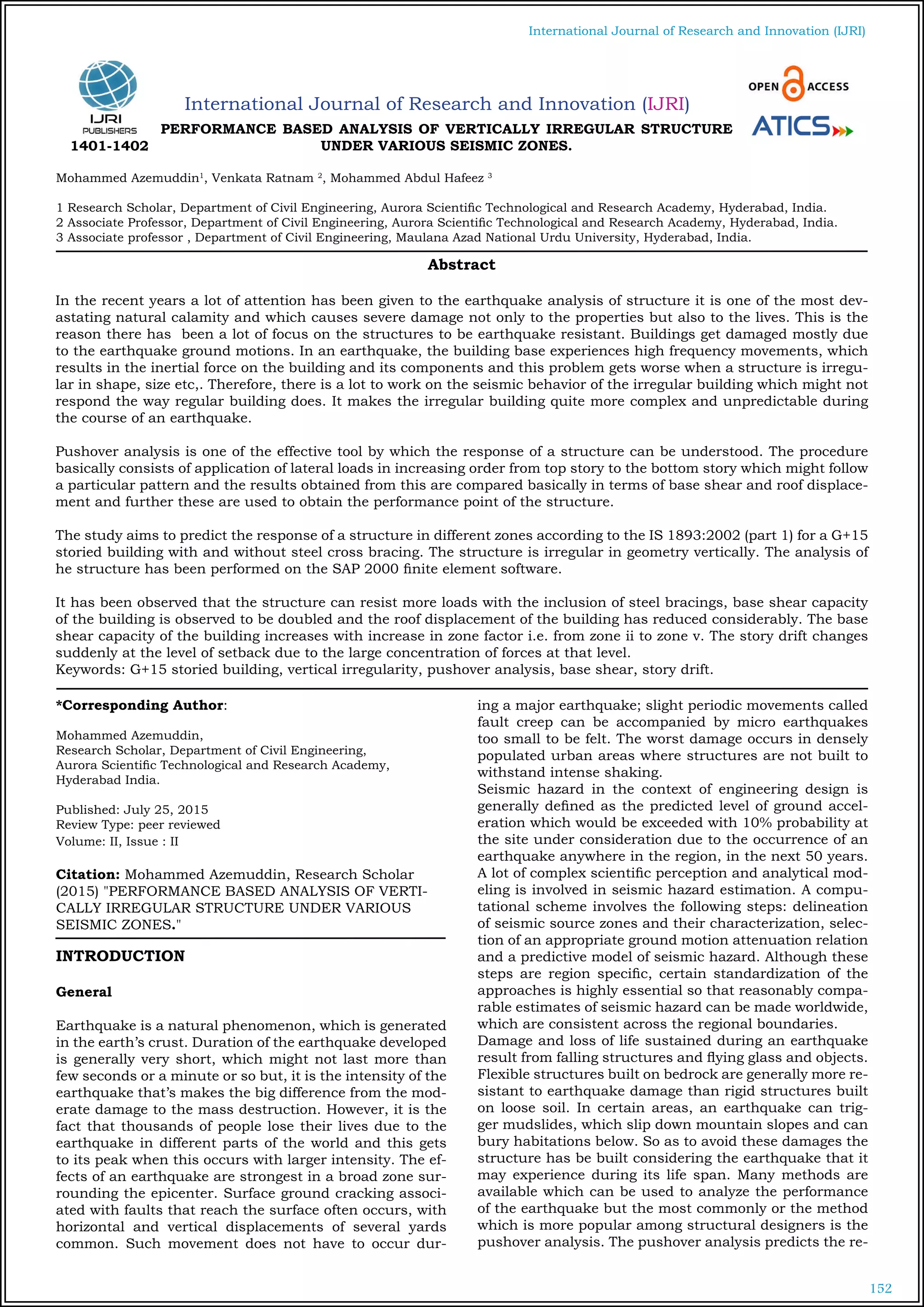 PERFORMANCE BASED ANALYSIS OF VERTICALLY IRREGULAR STRUCTURE UNDER VARIOUS SEISMIC ZONES | PDF