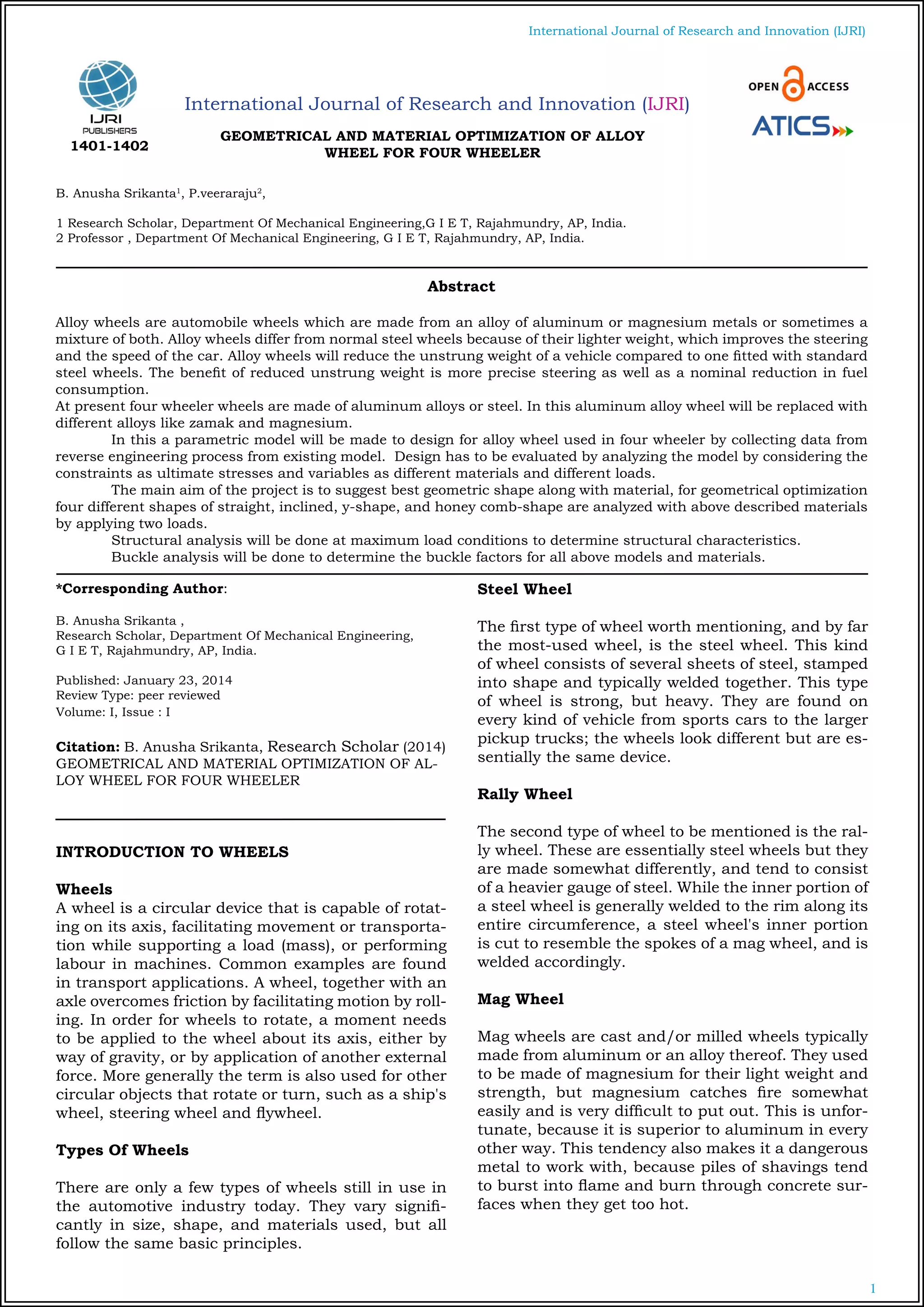 GEOMETRICAL AND MATERIAL OPTIMIZATION OF ALLOY WHEEL FOR FOUR WHEELER | PDF