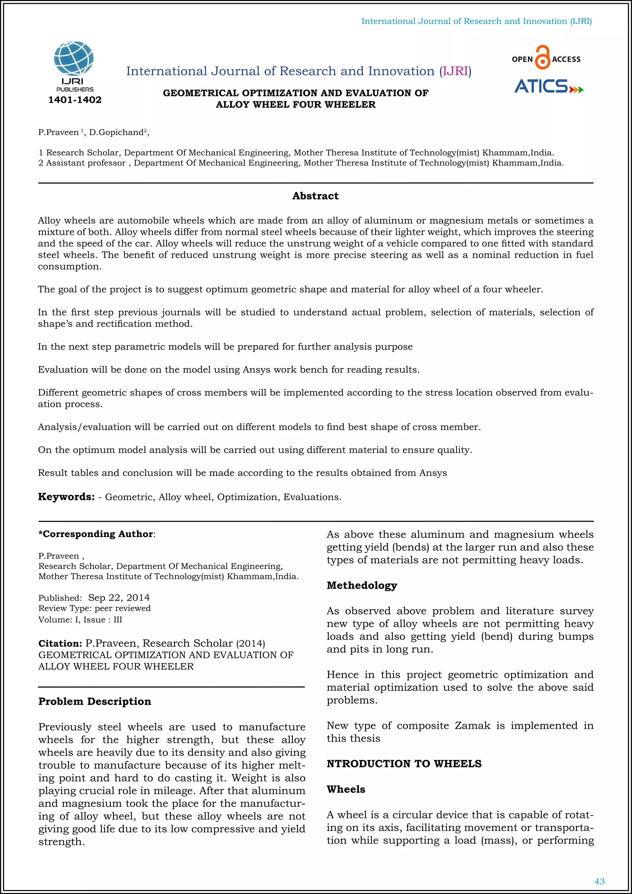 GEOMETRICAL OPTIMIZATION AND EVALUATION OF ALLOY WHEEL FOUR WHEELER | PDF