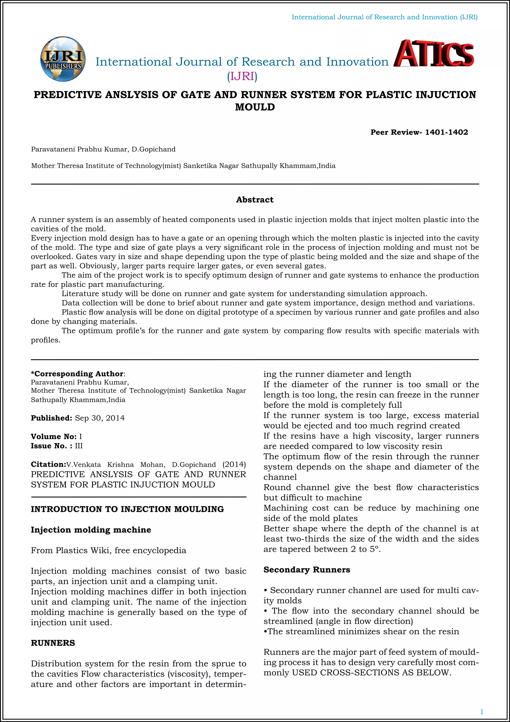 PREDICTIVE ANSLYSIS OF GATE AND RUNNER SYSTEM FOR PLASTIC INJUCTION ...