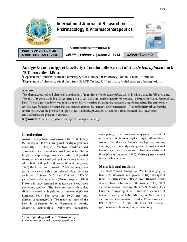 Analgesic and antipyretic activity of methanolic extract of Acacia leucophloea bark | PDF