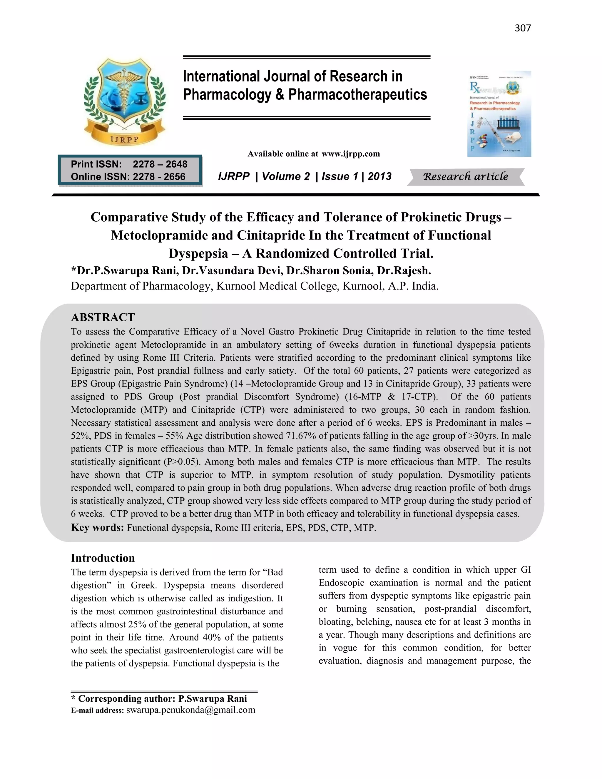Comparitive Study of the Efficacy and Tolerance of Prokinetic Drugs - Metaclopramide and ...
