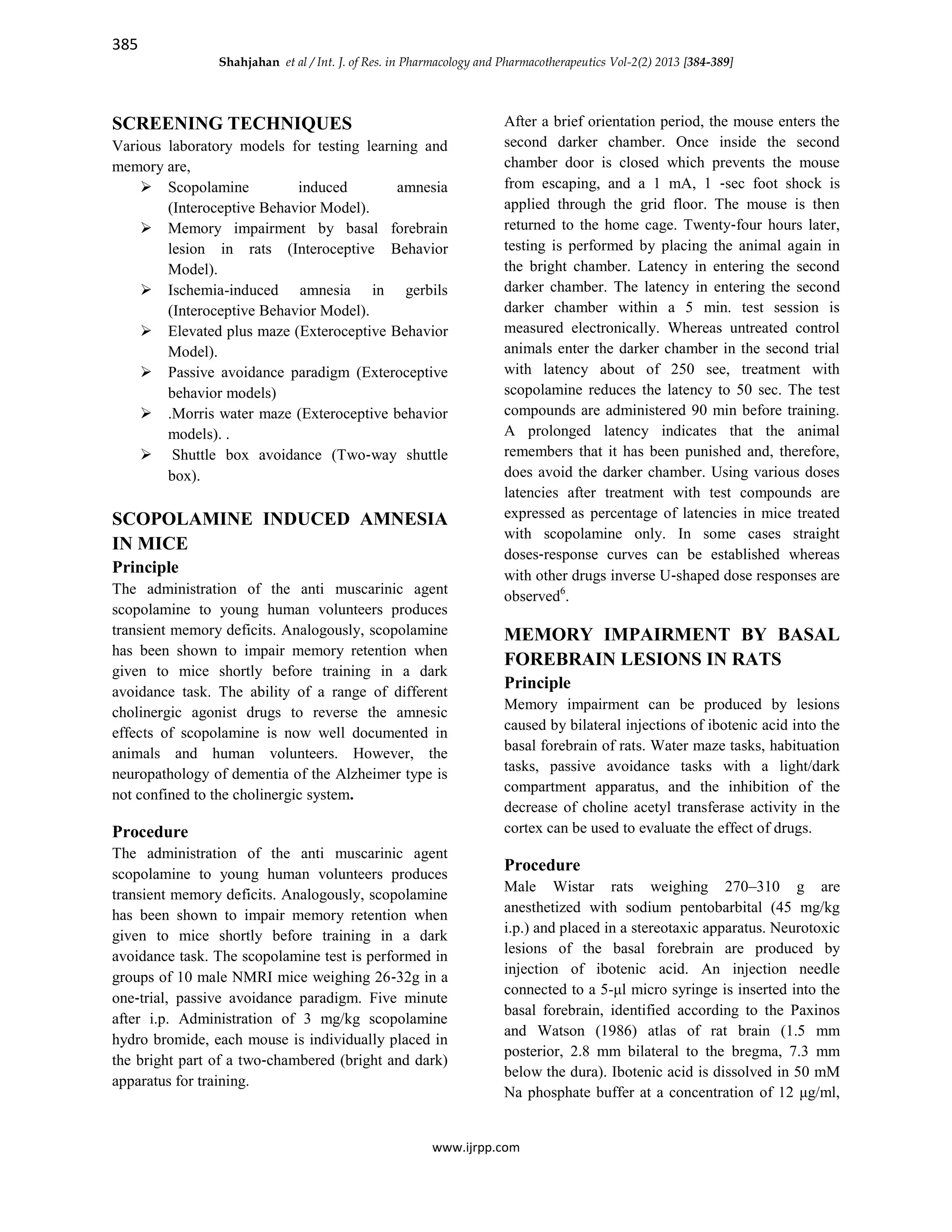 Screening models for Anti-Amnesic activity evaluation: A Review | PDF