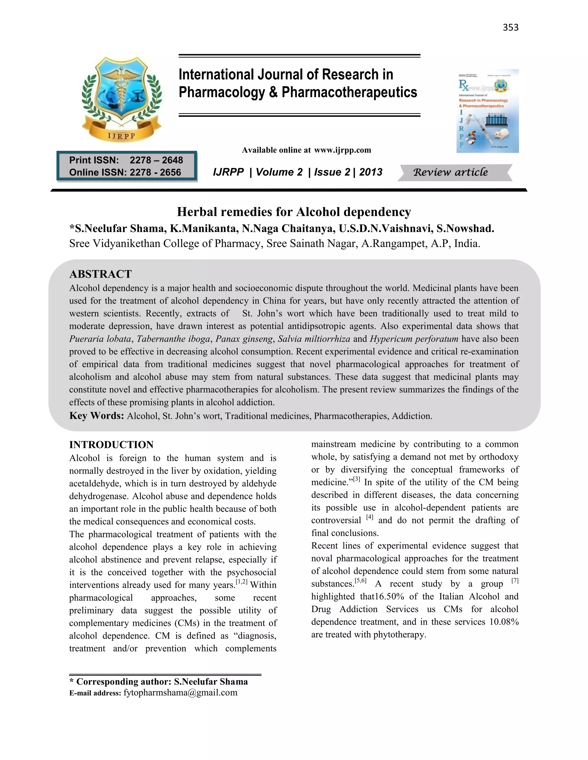 Herbal remedies for Alcohol dependency | PDF