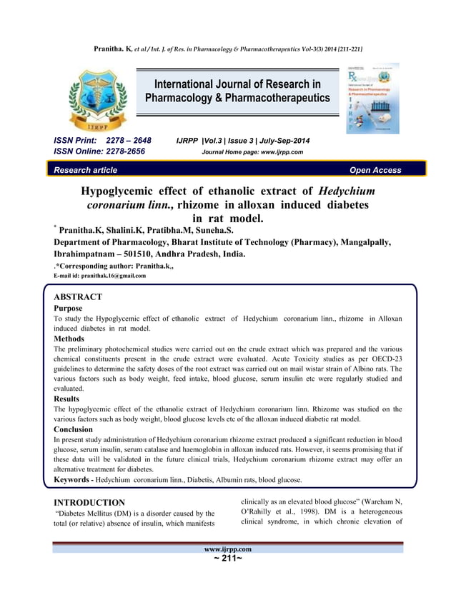Hypoglycemic effect of ethanolic extract of Hedychium coronarium linn ...