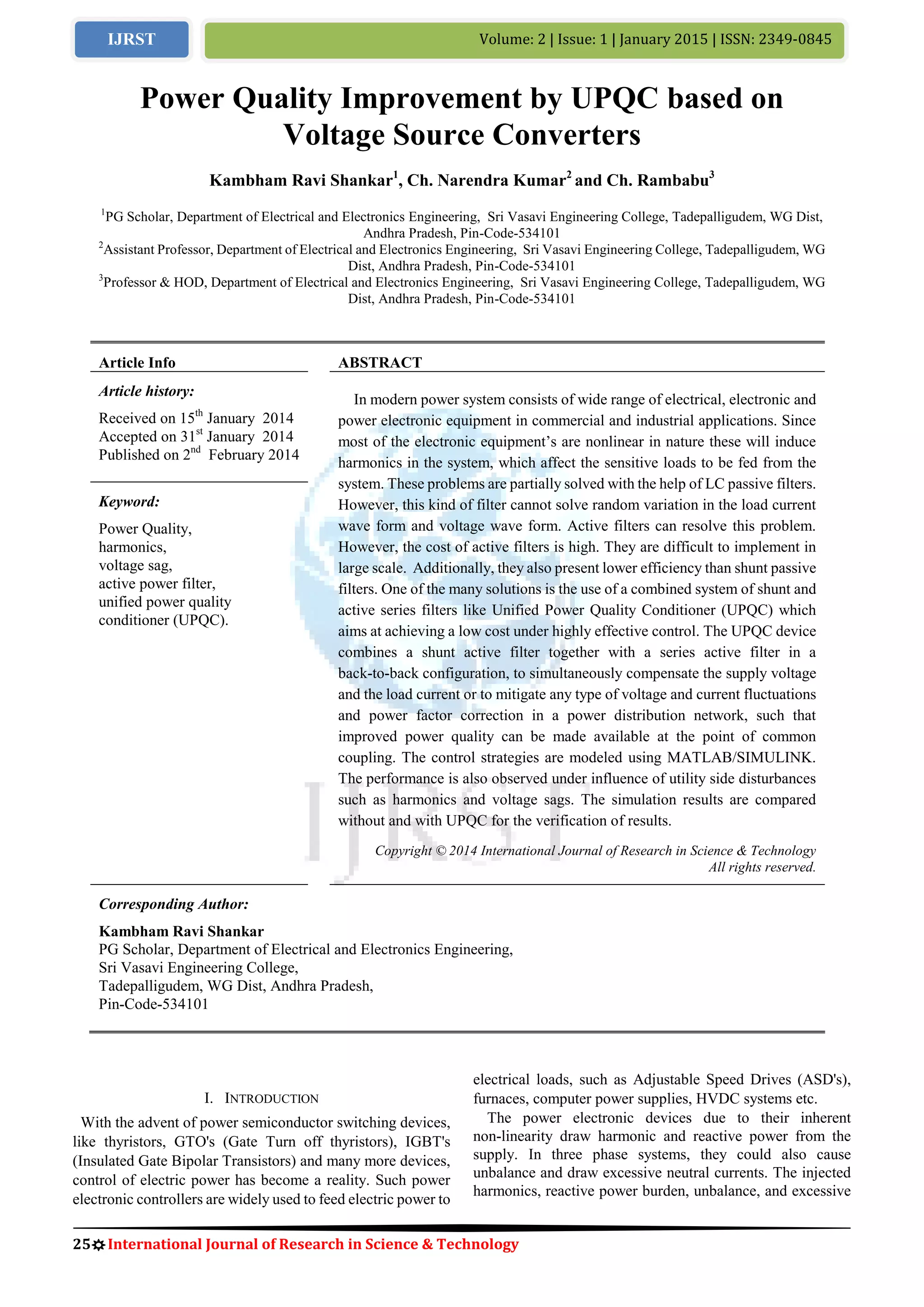 Power Quality Improvement by UPQC based on Voltage Source Converters | PDF