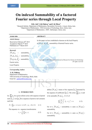 On indexed Summability of a factored Fourier series through Local Property | PDF | Computer ...