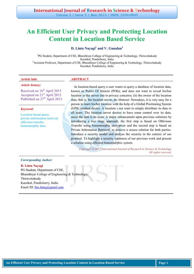 An Efficient User Privacy and Protecting Location Content in Location Based Service | PDF