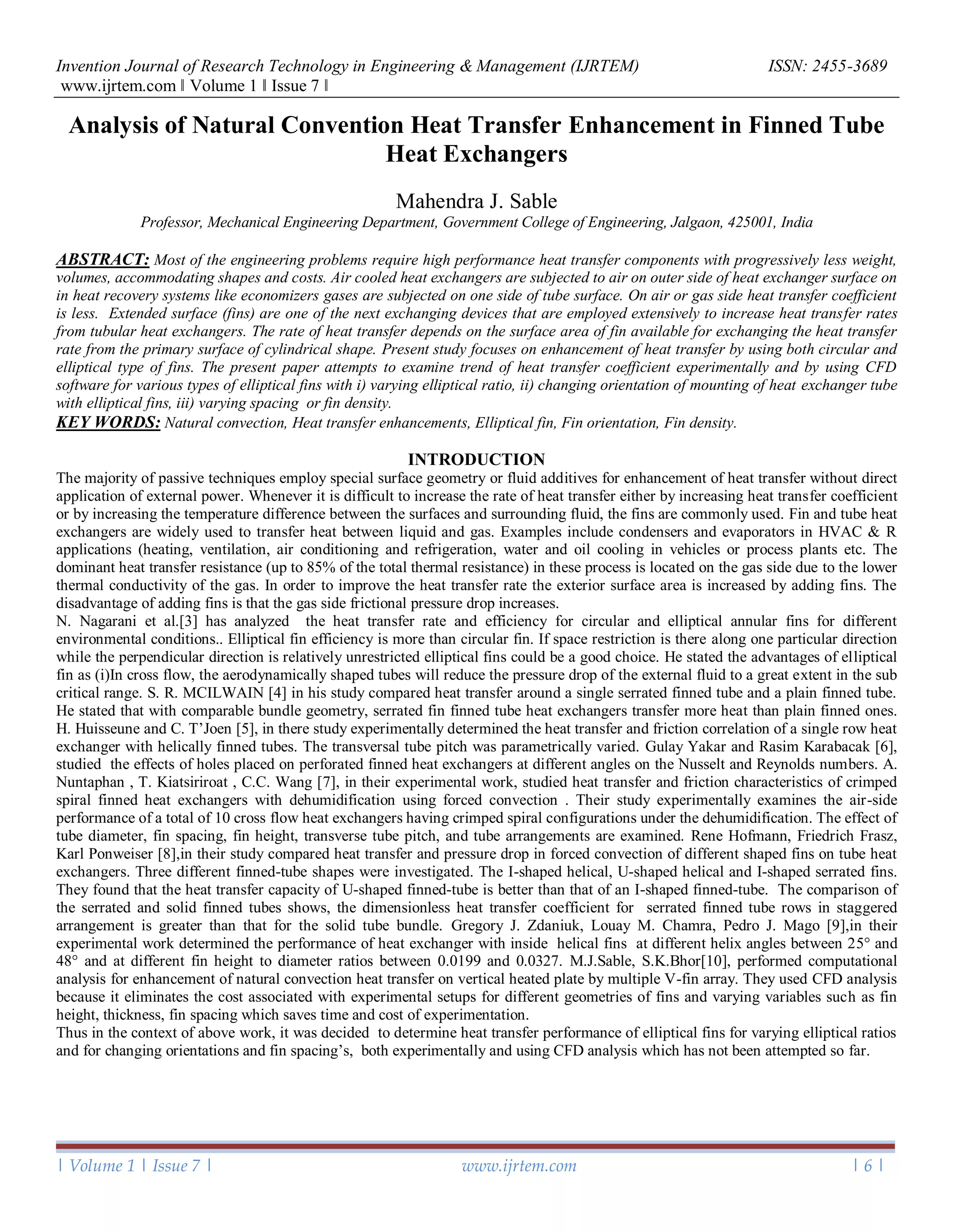 Analysis of Natural Convention Heat Transfer Enhancement in Finned Tube ...