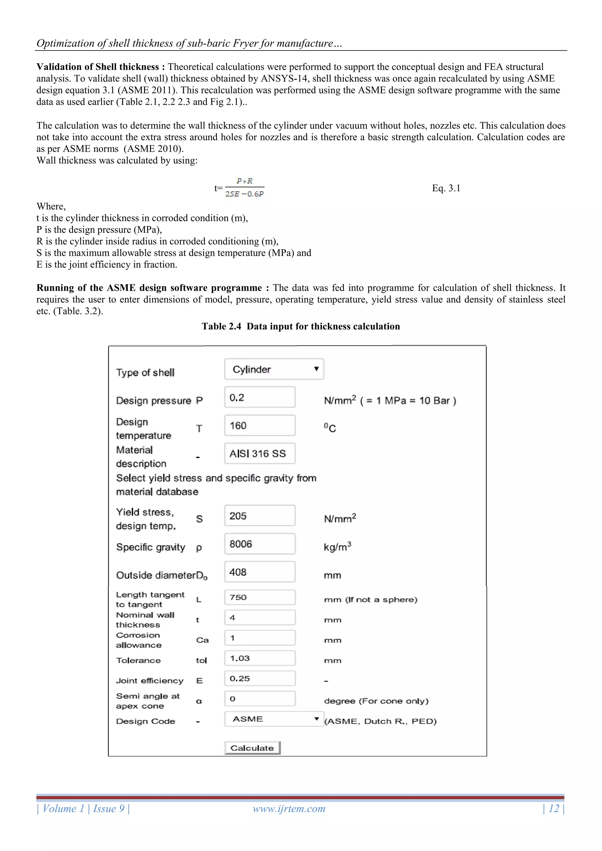 Optimization of shell thickness of sub-baric Fryer for manufacture of fried food products using ...