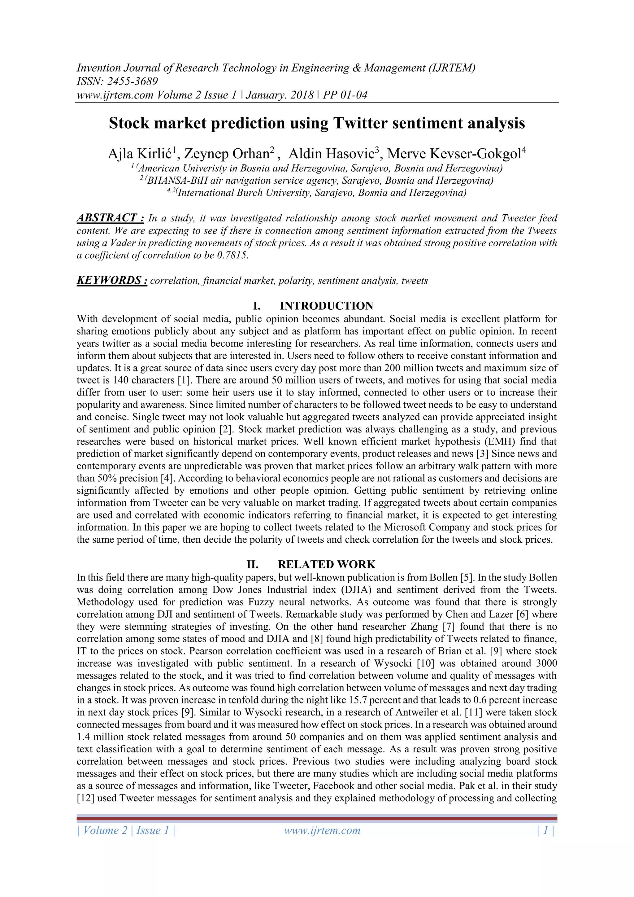Stock market prediction using Twitter sentiment analysis | PDF