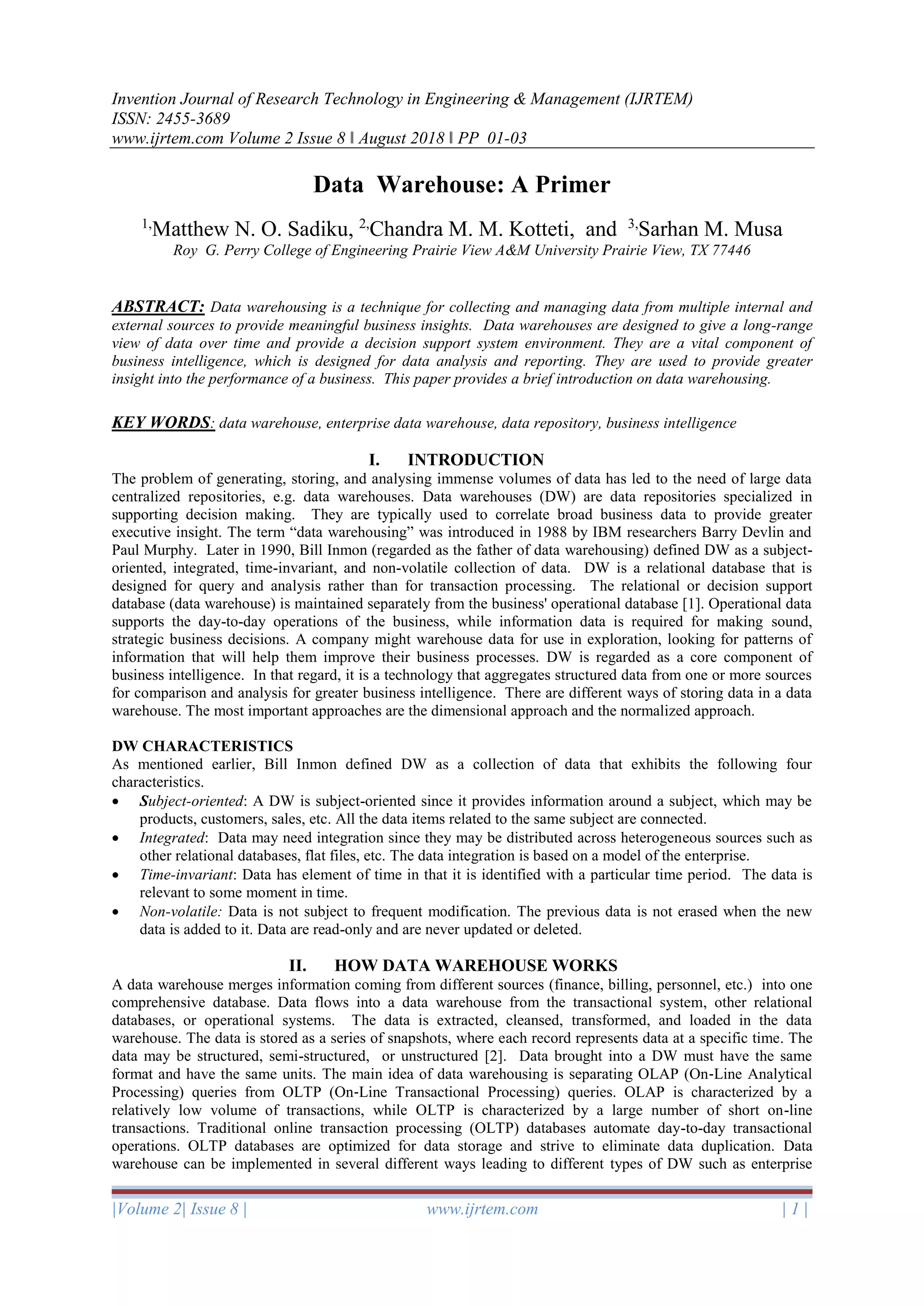 Data Warehouse: A Primer | PDF