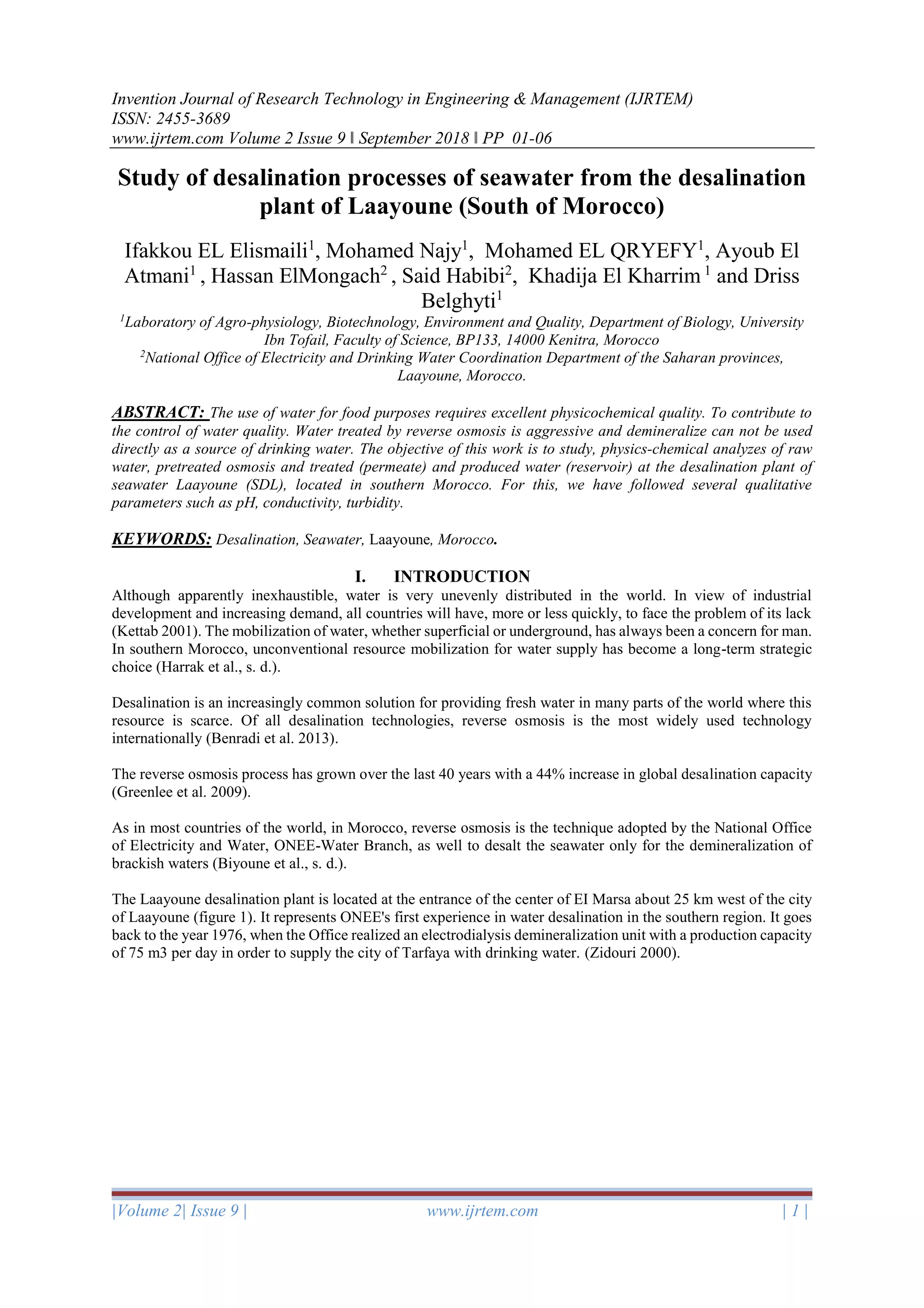 Study of desalination processes of seawater from the desalination plant ...