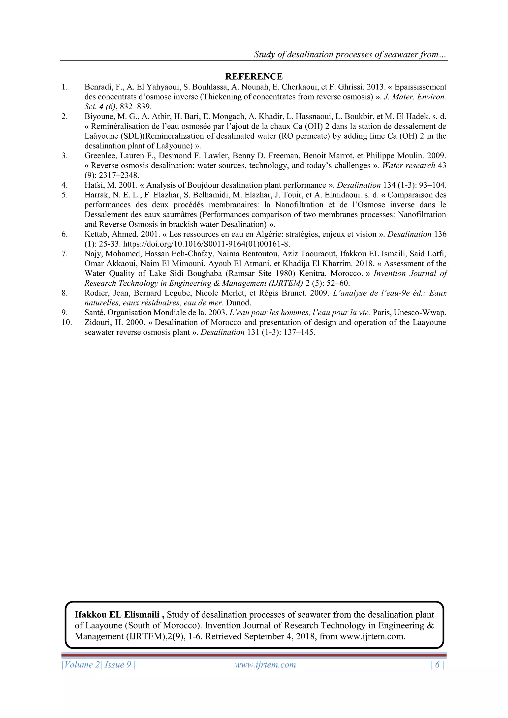 Study of desalination processes of seawater from the desalination plant ...