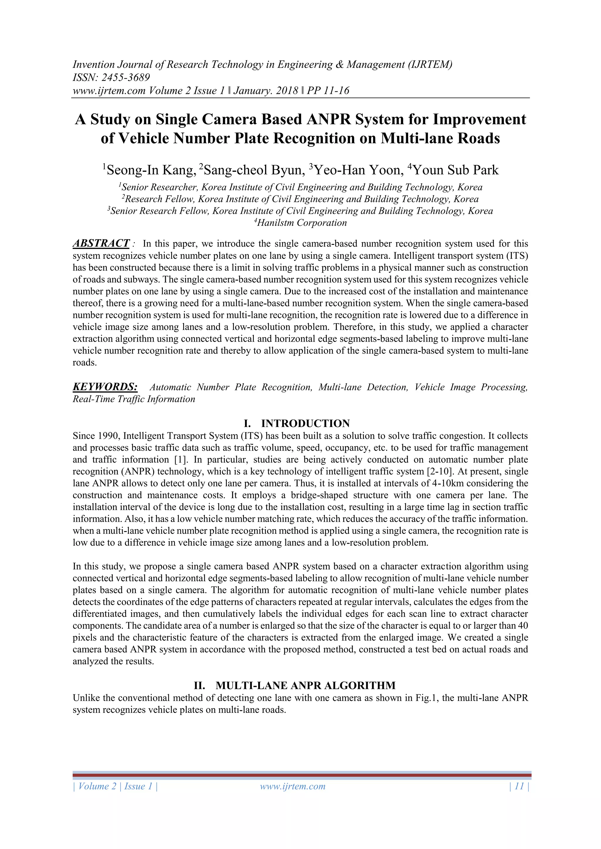 A Study on Single Camera Based ANPR System for Improvement of Vehicle ...