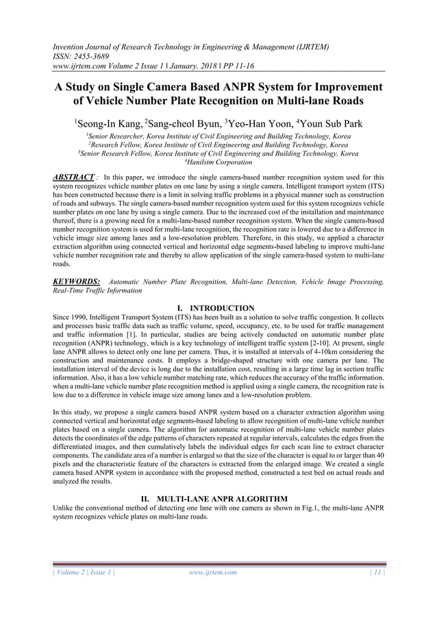 A Study on Single Camera Based ANPR System for Improvement of Vehicle ...