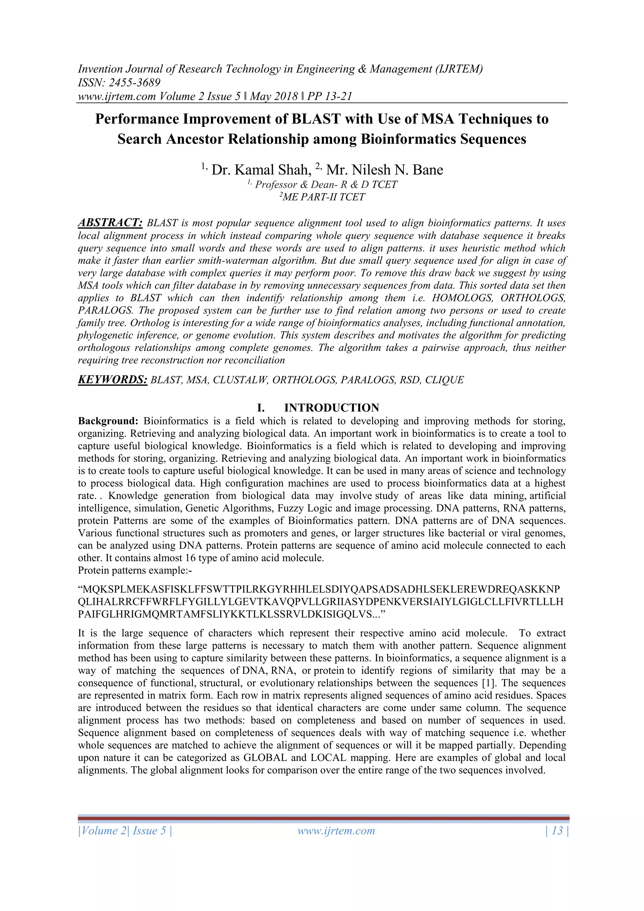 Performance Improvement of BLAST with Use of MSA Techniques to Search Ancestor Relationship ...