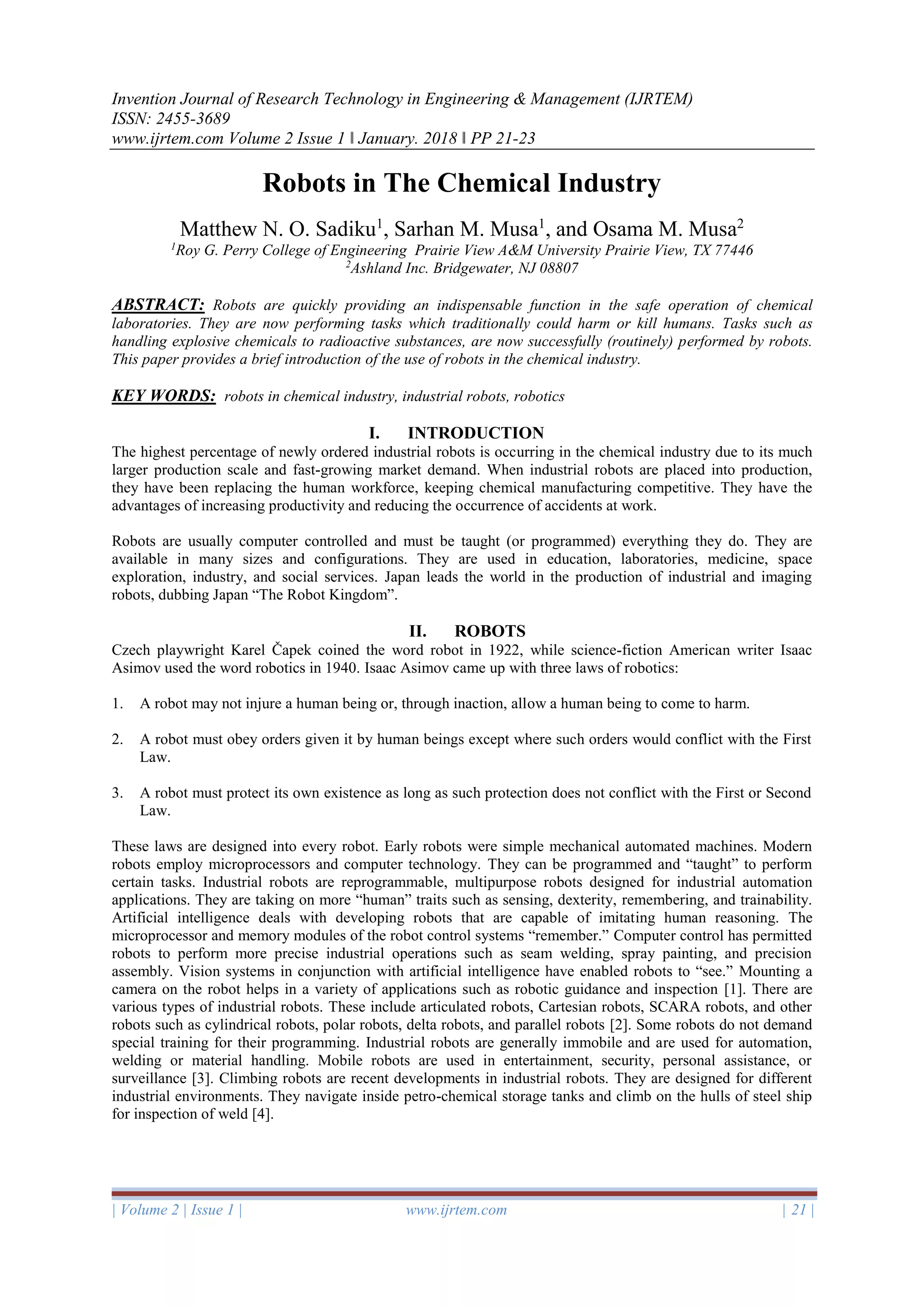 Robots in The Chemical Industry | PDF