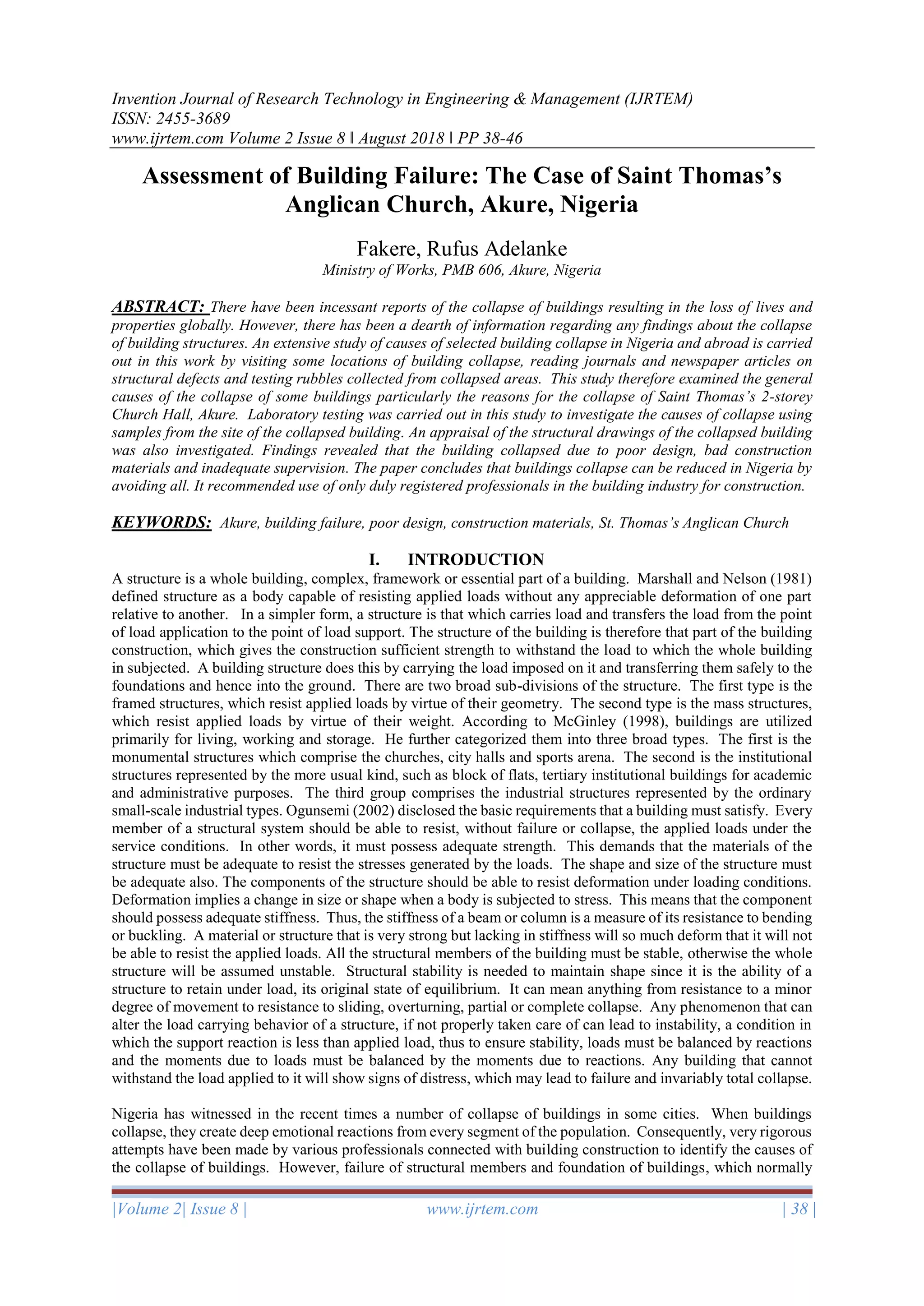 Assessment of Building Failure: The Case of Saint Thomas’s Anglican ...