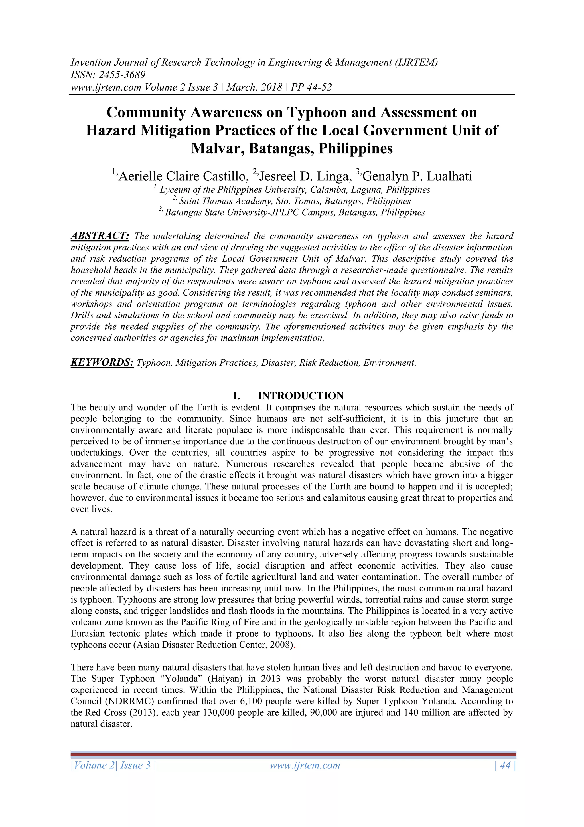 Community Awareness on Typhoon and Assessment on Hazard Mitigation ...