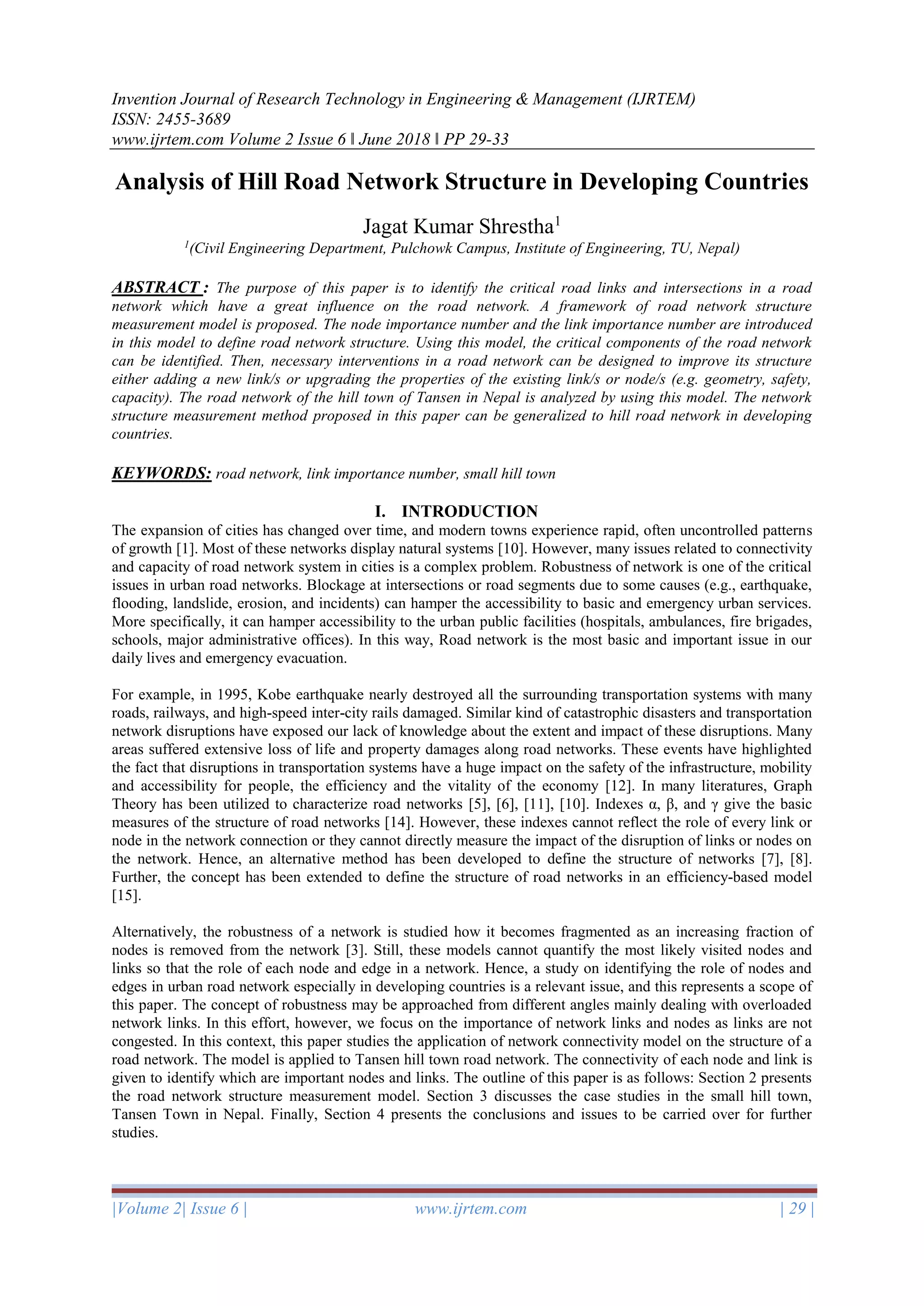 Analysis of Hill Road Network Structure in Developing Countries | PDF