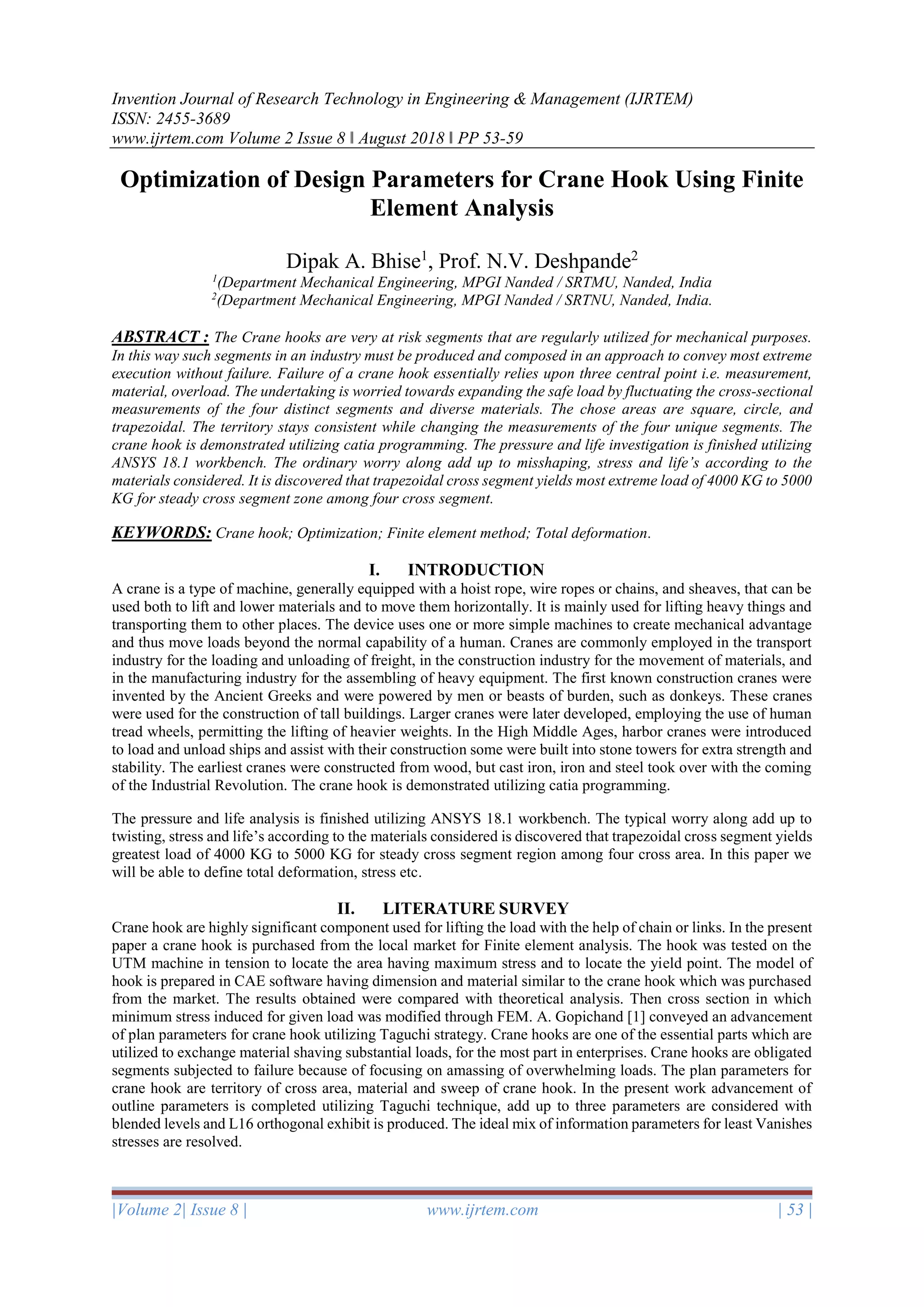 Optimization of Design Parameters for Crane Hook Using Finite Element Analysis | PDF