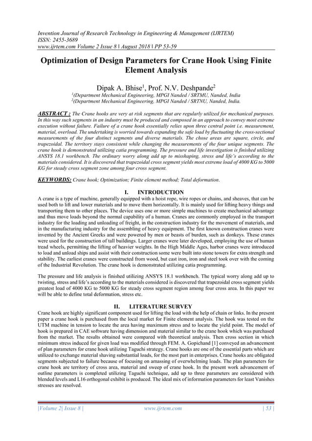 Optimization of Design Parameters for Crane Hook Using Finite Element Analysis | PDF | Physics ...