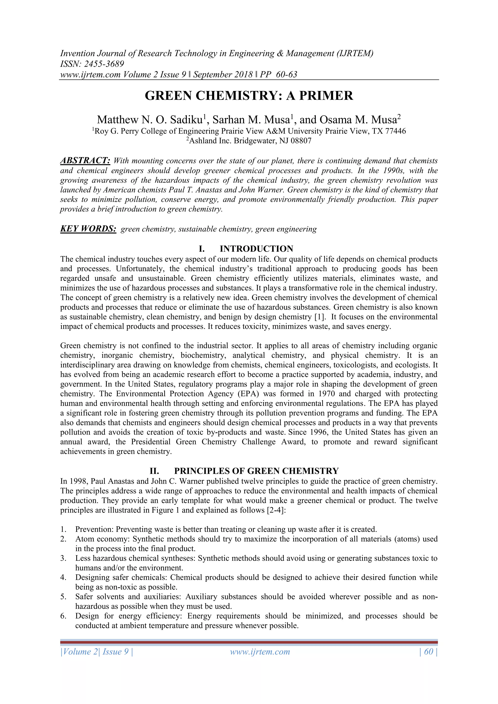 GREEN CHEMISTRY: A PRIMER | PDF