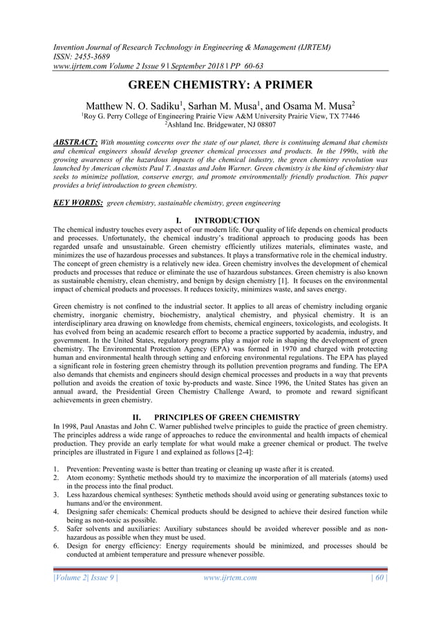 GREEN CHEMISTRY: A PRIMER | PDF