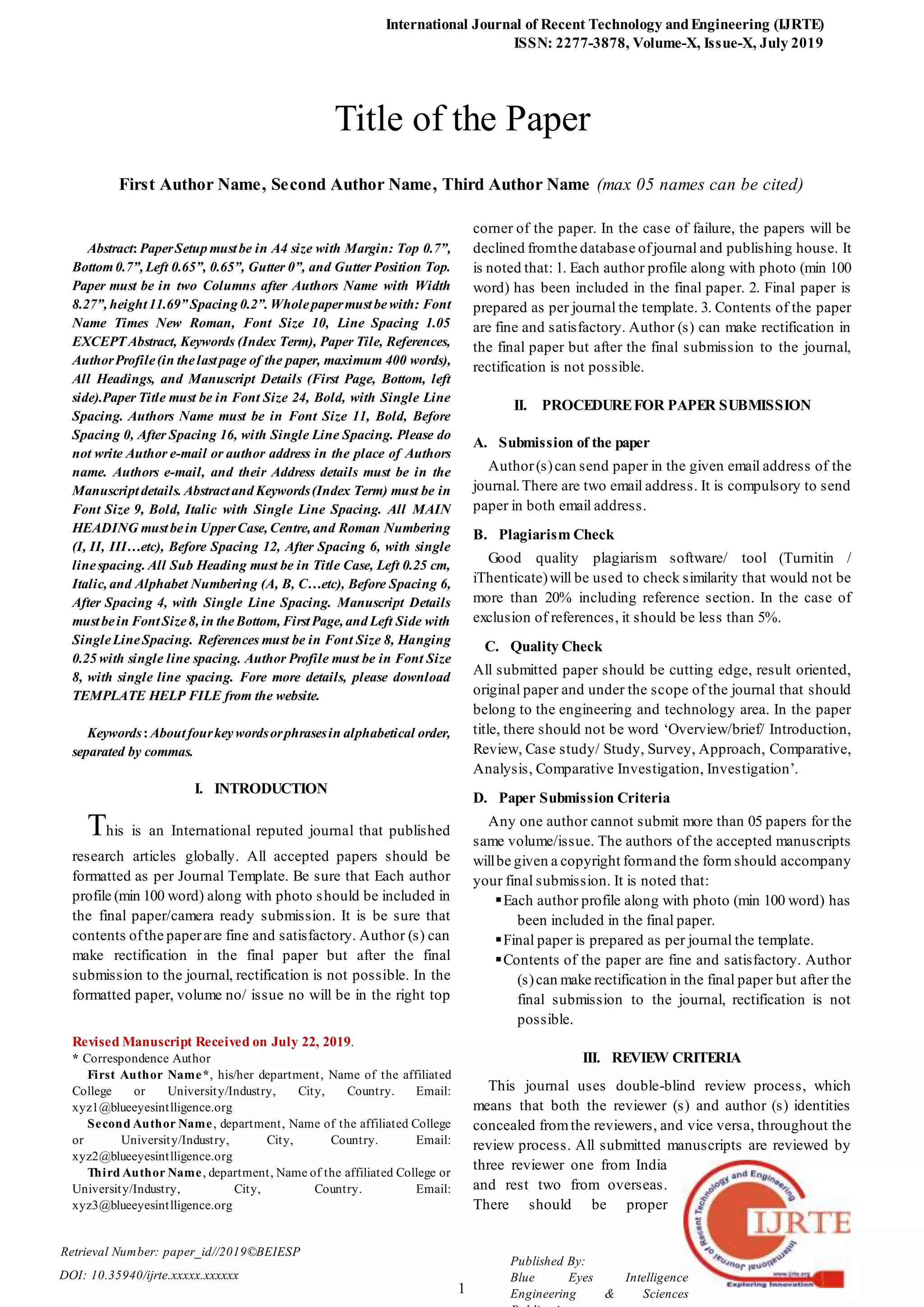 Ijrte paper template | DOC | Desktop Publishing | Computer Software and Applications